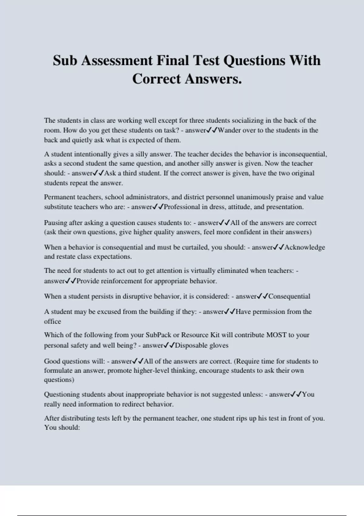 Sub Assessment Final Test Questions With Correct Answers. - Sub - Stuvia US