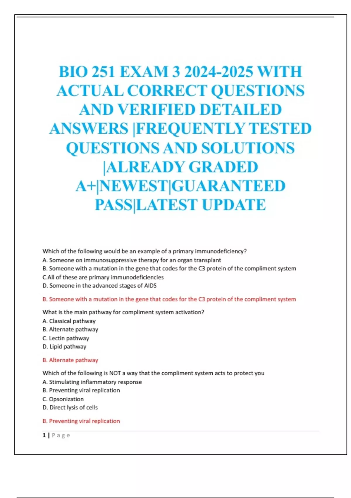 BIO 251 EXAM WITH ACTUAL CORRECT QUESTIONS AND VERIFIED DETAILED ...