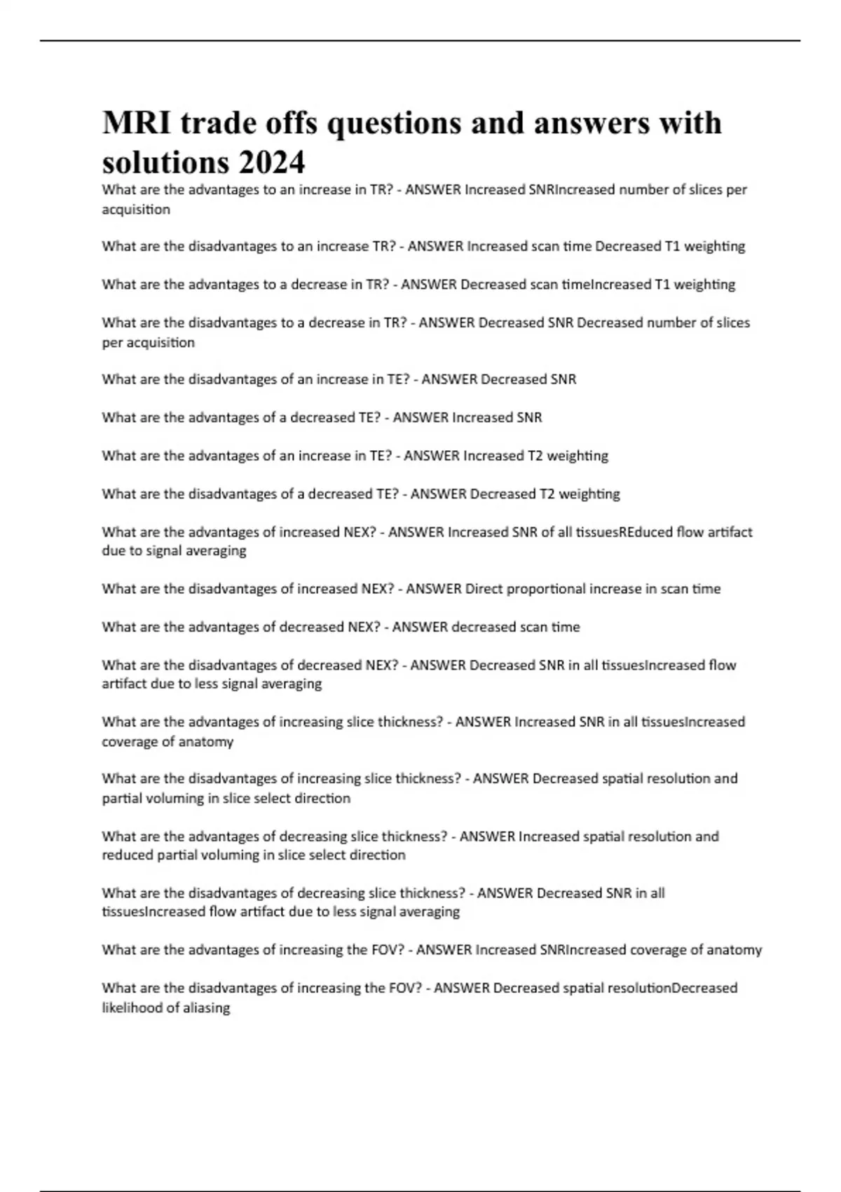 MRI trade offs questions and answers with solutions 2024 - Nex - Stuvia US