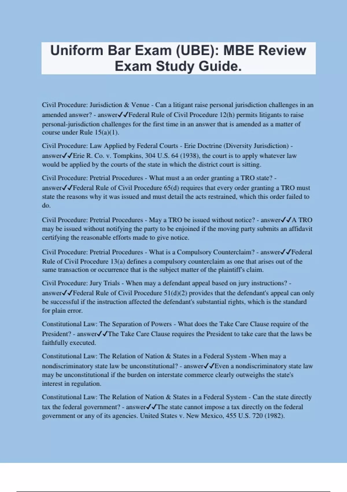 Uniform Bar Exam (UBE): MBE Review Exam Study Guide. - Uniform Bar ...