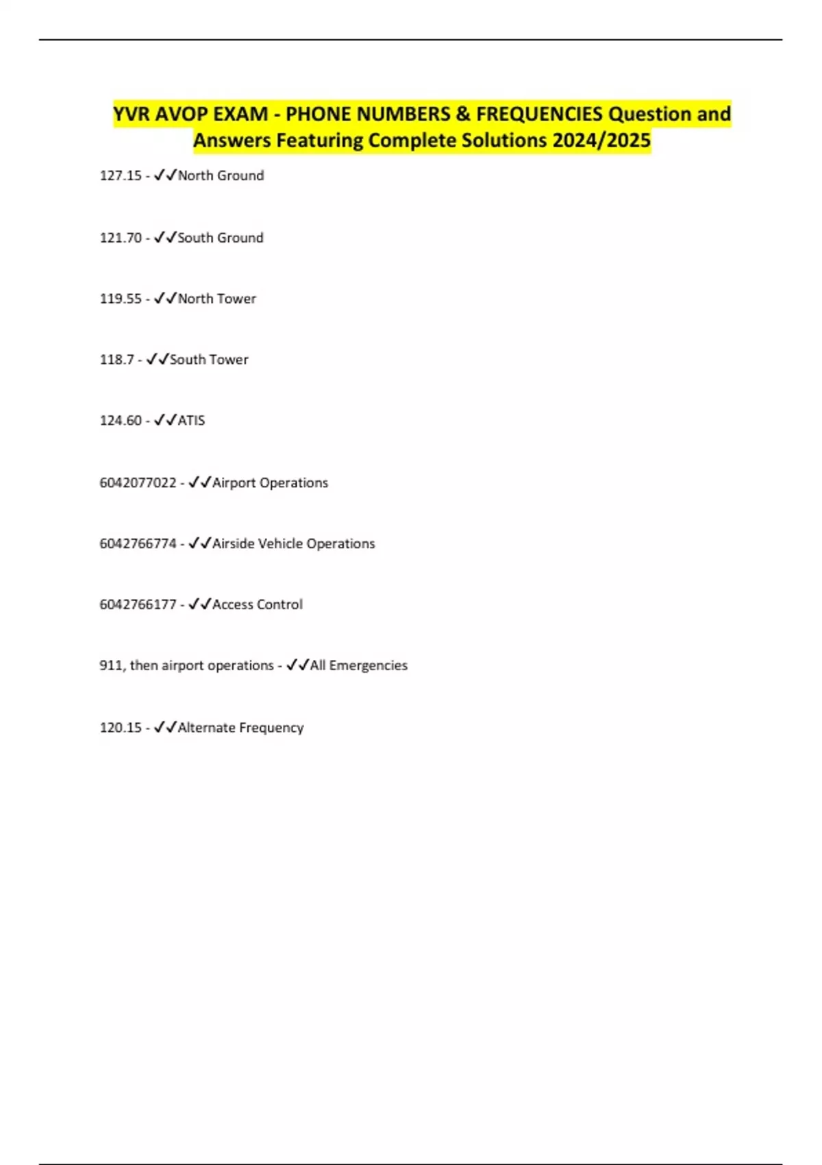 YVR AVOP EXAM - PHONE NUMBERS & FREQUENCIES Question and Answers ...