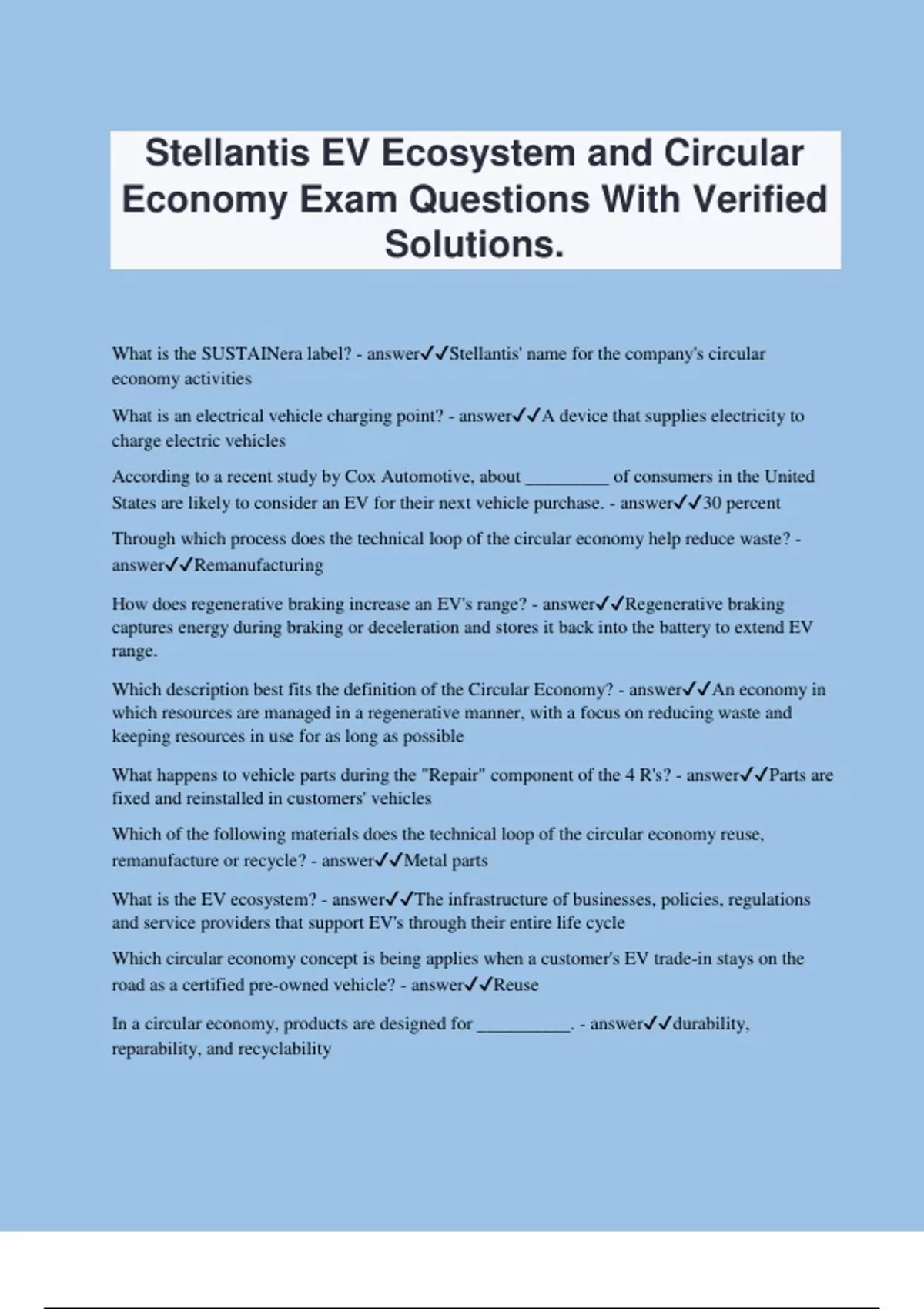 Stellantis EV Ecosystem and Circular Economy Exam Questions With ...