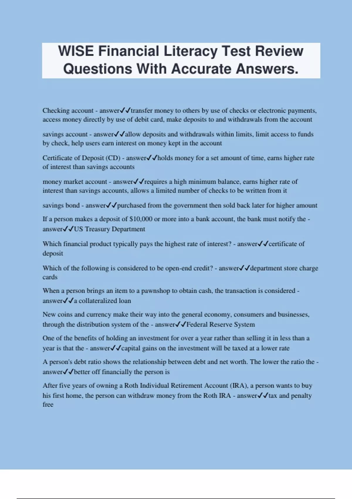 WISE Financial Literacy Test Review Questions With Accurate Answers ...