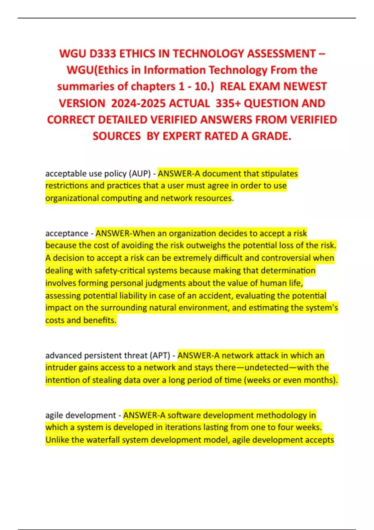 WGU D333 ETHICS IN TECHNOLOGY ASSESSMENT – WGU(Ethics in Information ...