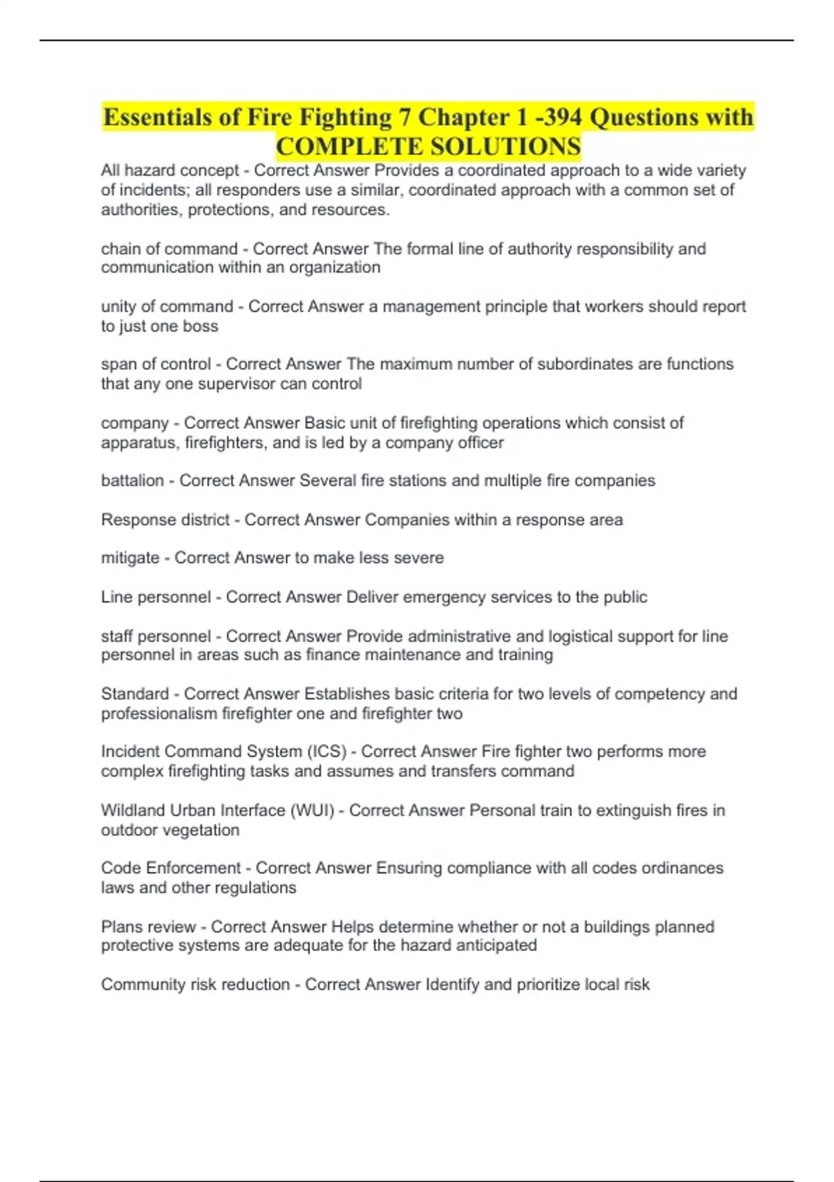 Essentials of Fire Fighting 7 Chapter 1 -394 Questions with COMPLETE ...