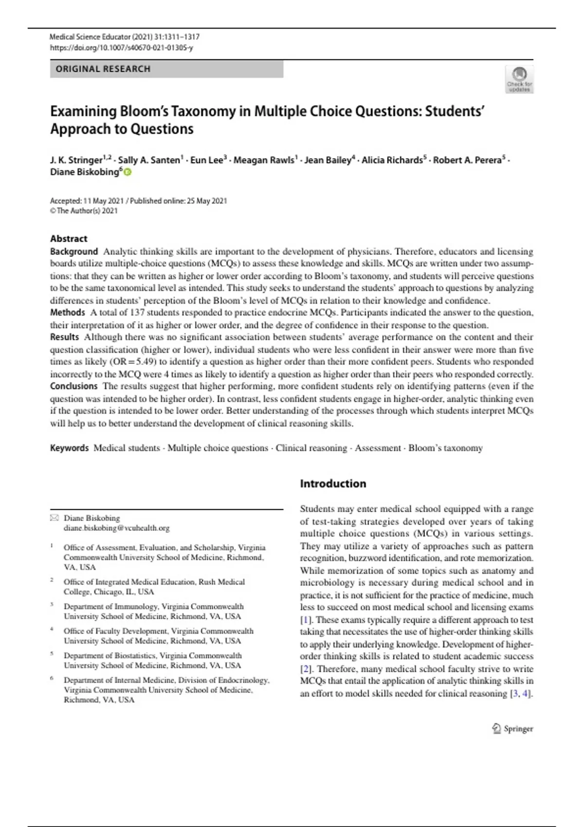 Summary Examining Bloom’s Taxonomy in Multiple Choice Questions ...