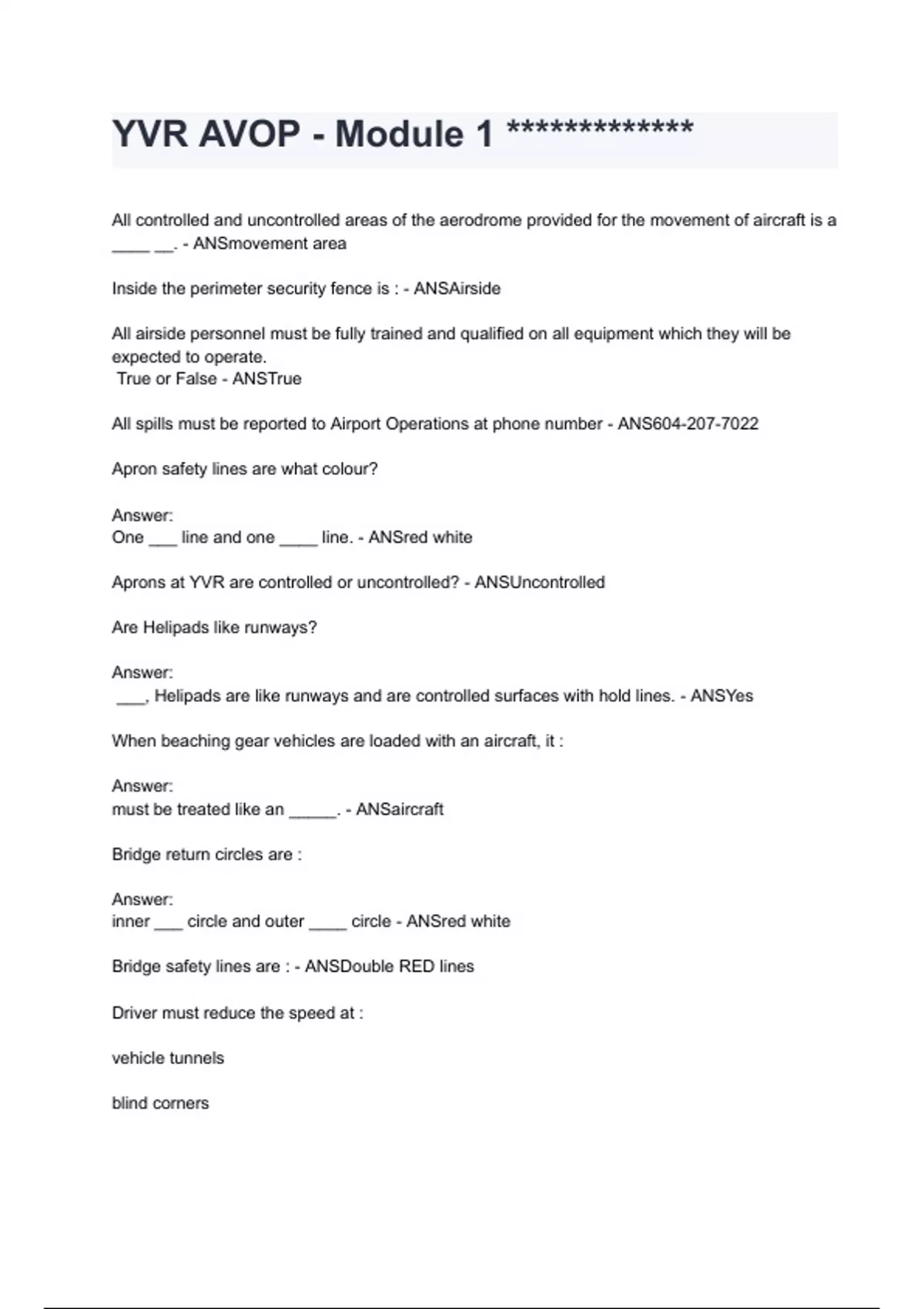 YVR AVOP - Module 1 ************* questions and answers A+ score assured 2024/2025 - YVR AVOP ...