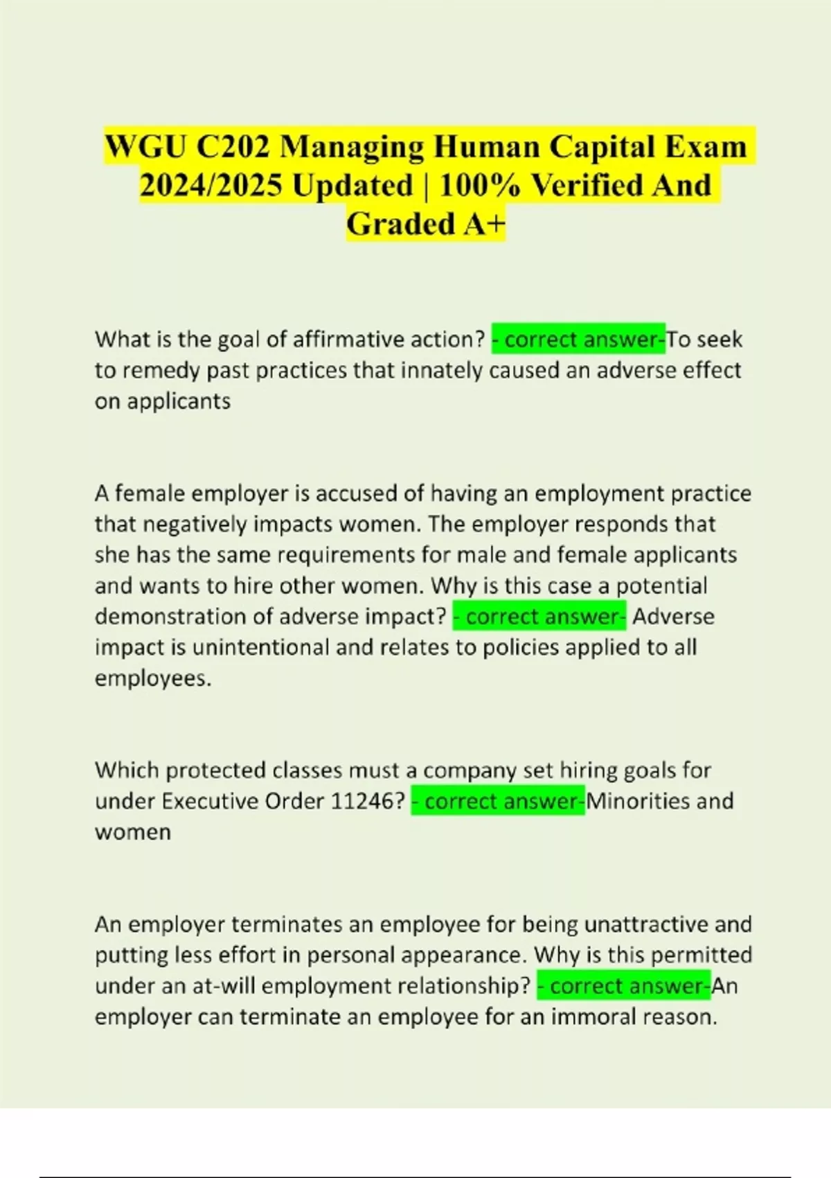 WGU C202 Managing Human Capital Exam 2024/2025 Updated | 100% Verified And Graded A+ - WGU C202 ...