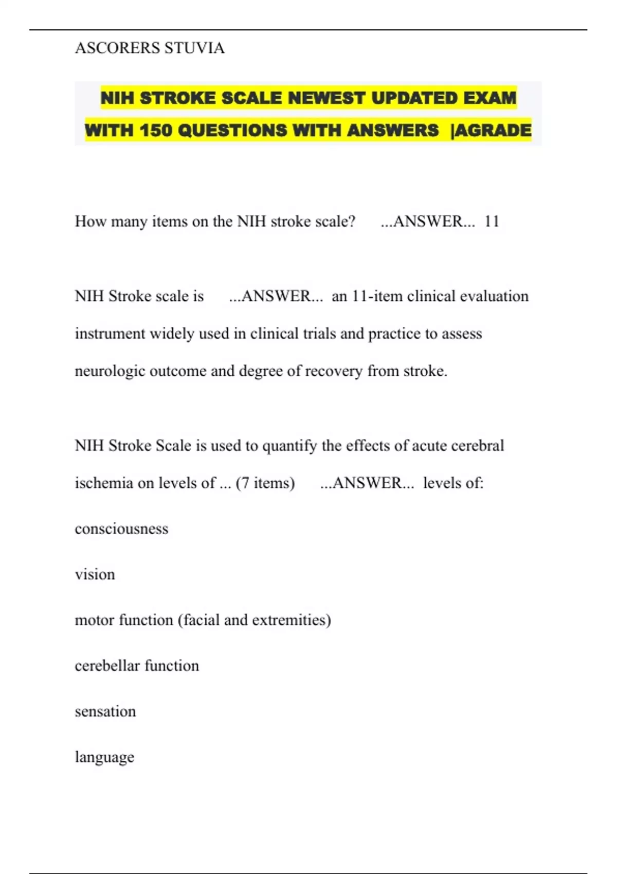 NIH STROKE SCALE NEWEST UPDATED EXAM WITH 150 QUESTIONS WITH ANSWERS ...