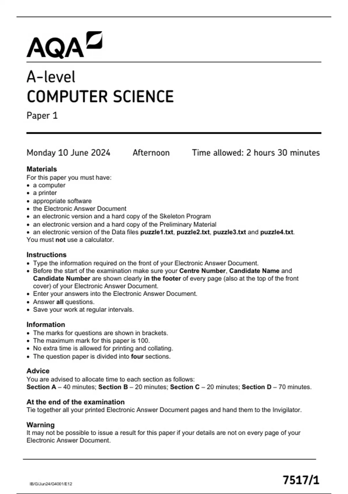 AQA A-LEVEL COMPUTER SCIENCE PAPER 1 2024 ALL QUESTIONS - Paper 1 - Stuvia UK