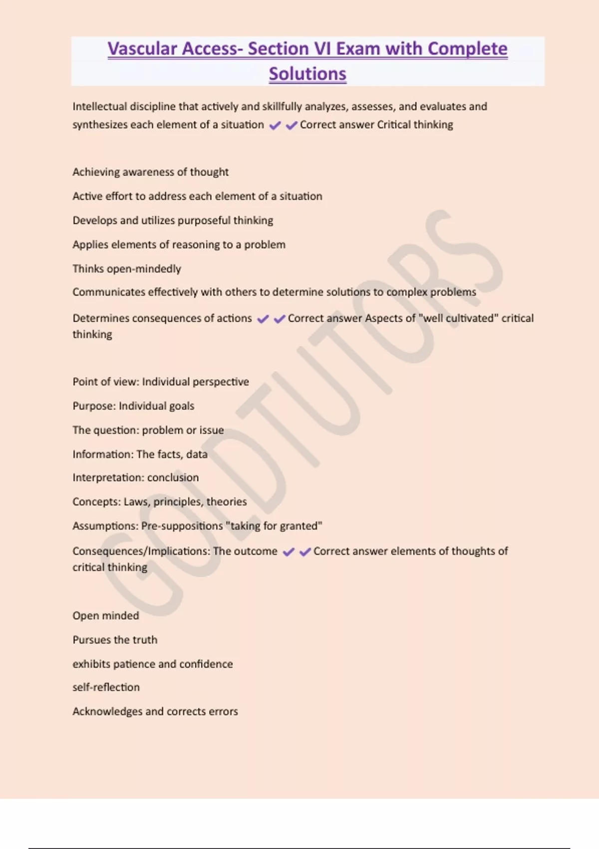 Vascular Access- Section VI Exam with Complete Solutions - Bonnet ...