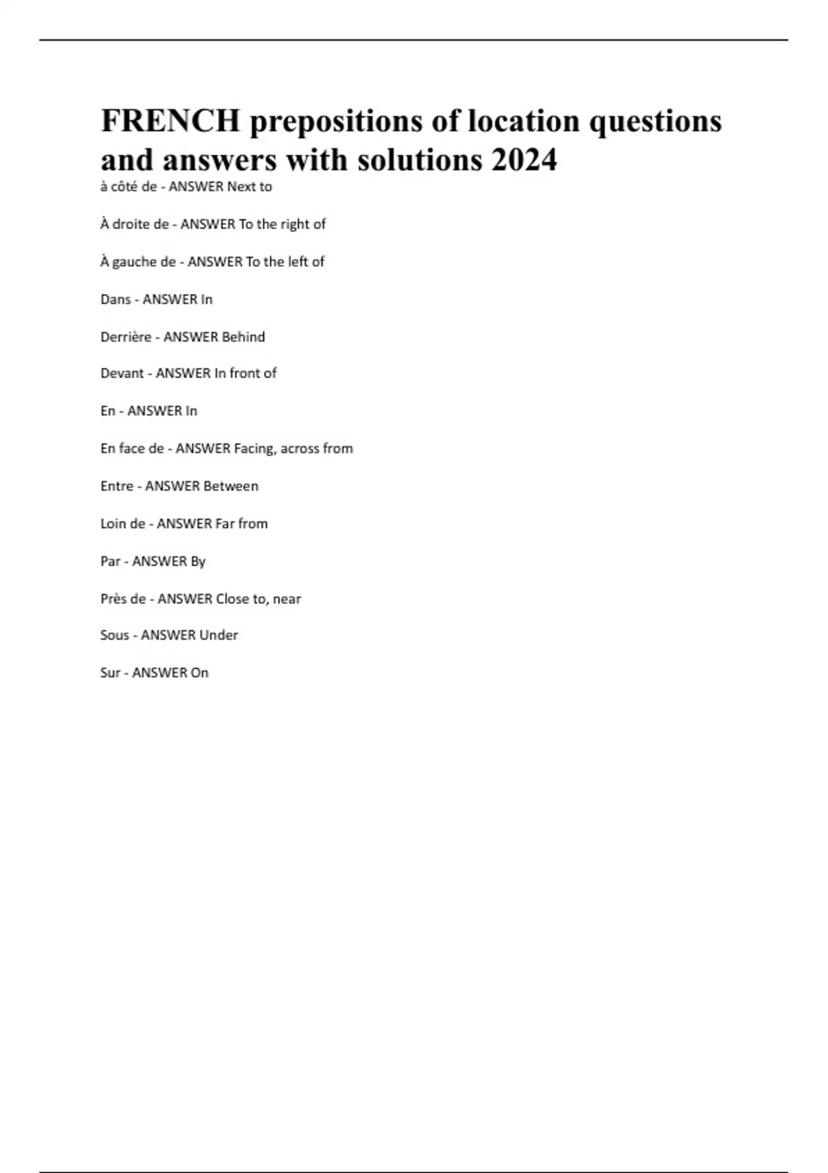 FRENCH prepositions of location questions and answers with solutions ...