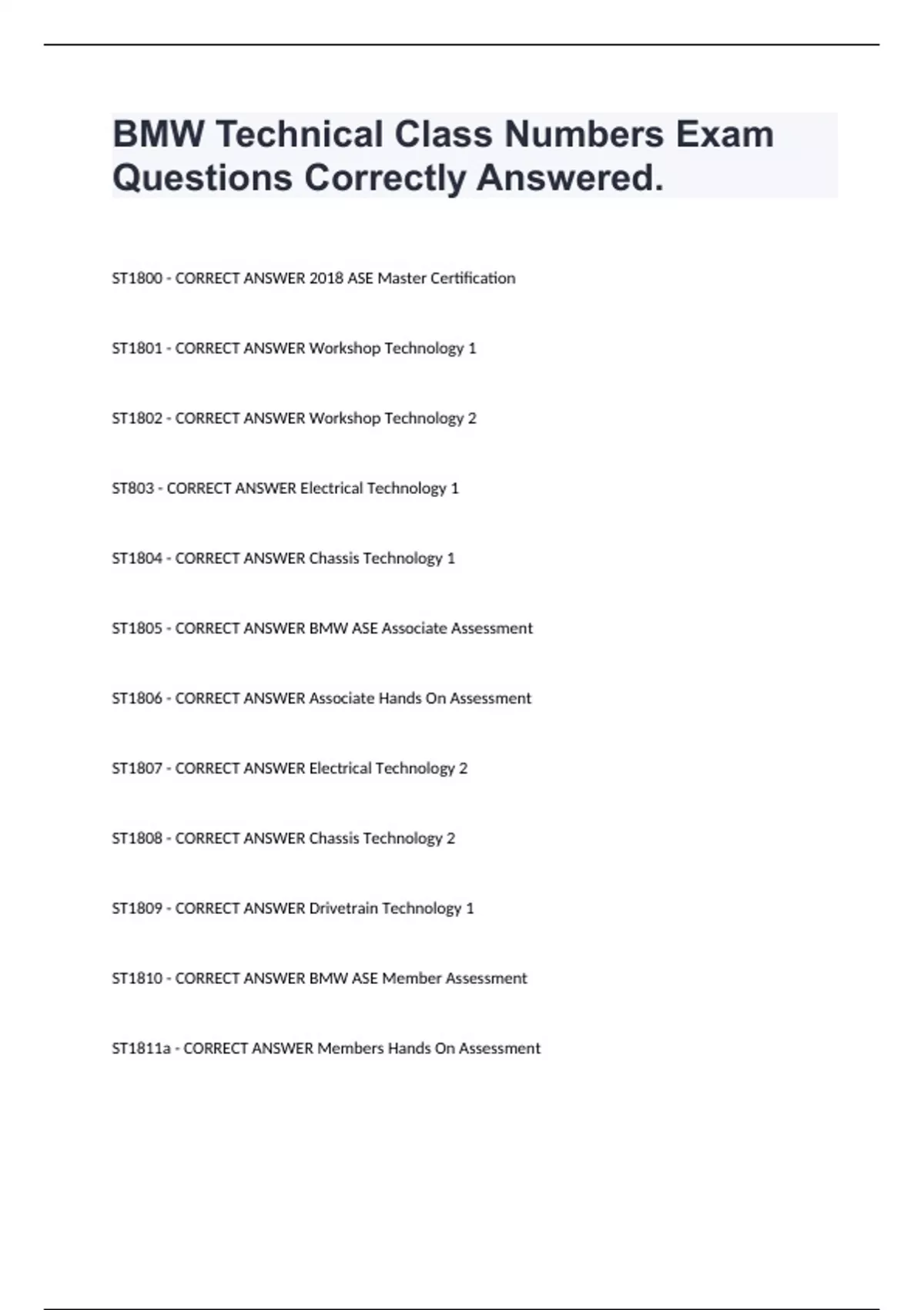 BMW Technical Class Numbers Exam Questions Correctly Answered. - BMW ...
