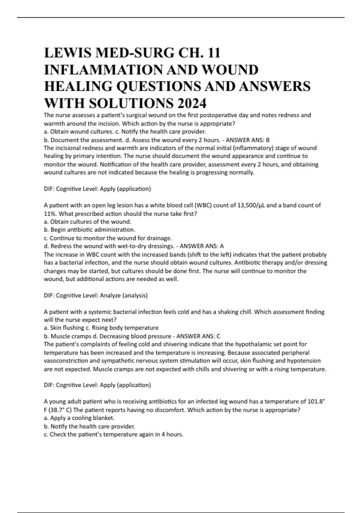 LEWIS MED-SURG CH. 11 INFLAMMATION AND WOUND HEALING QUESTIONS AND ...