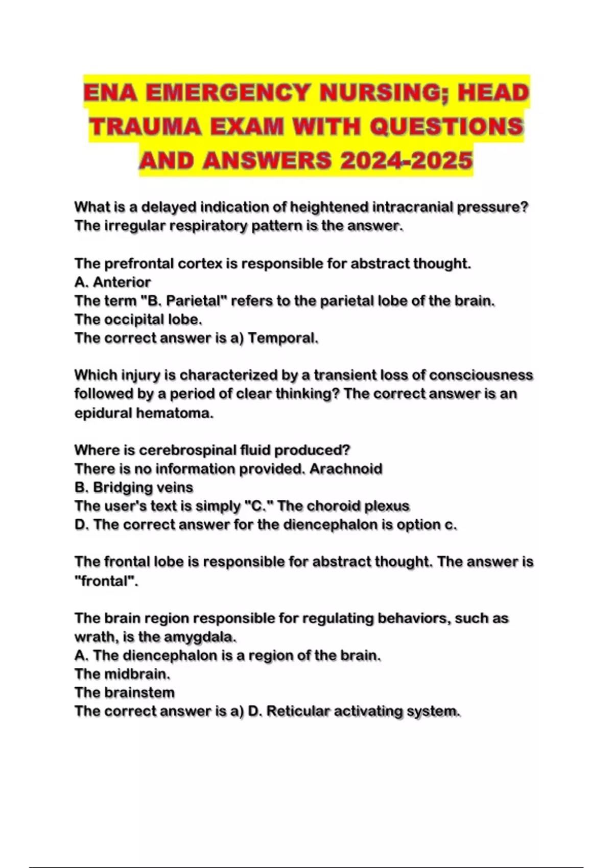 ENA EMERGENCY NURSING; HEAD TRAUMA EXAM WITH QUESTIONS AND ANSWERS - ENA EMERGENCY NURSING; HEAD ...