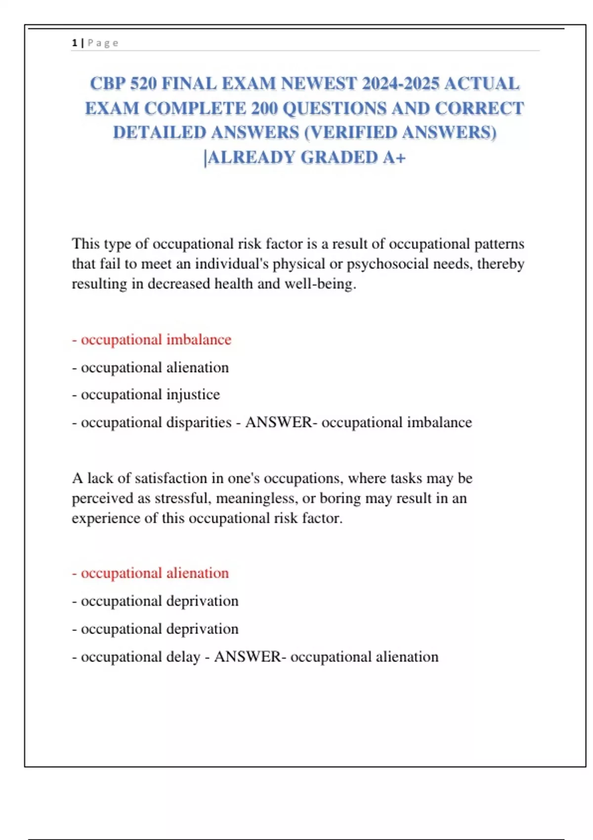 CBP 520 FINAL EXAM NEWEST ACTUAL EXAM COMPLETE 200 QUESTIONS AND ...