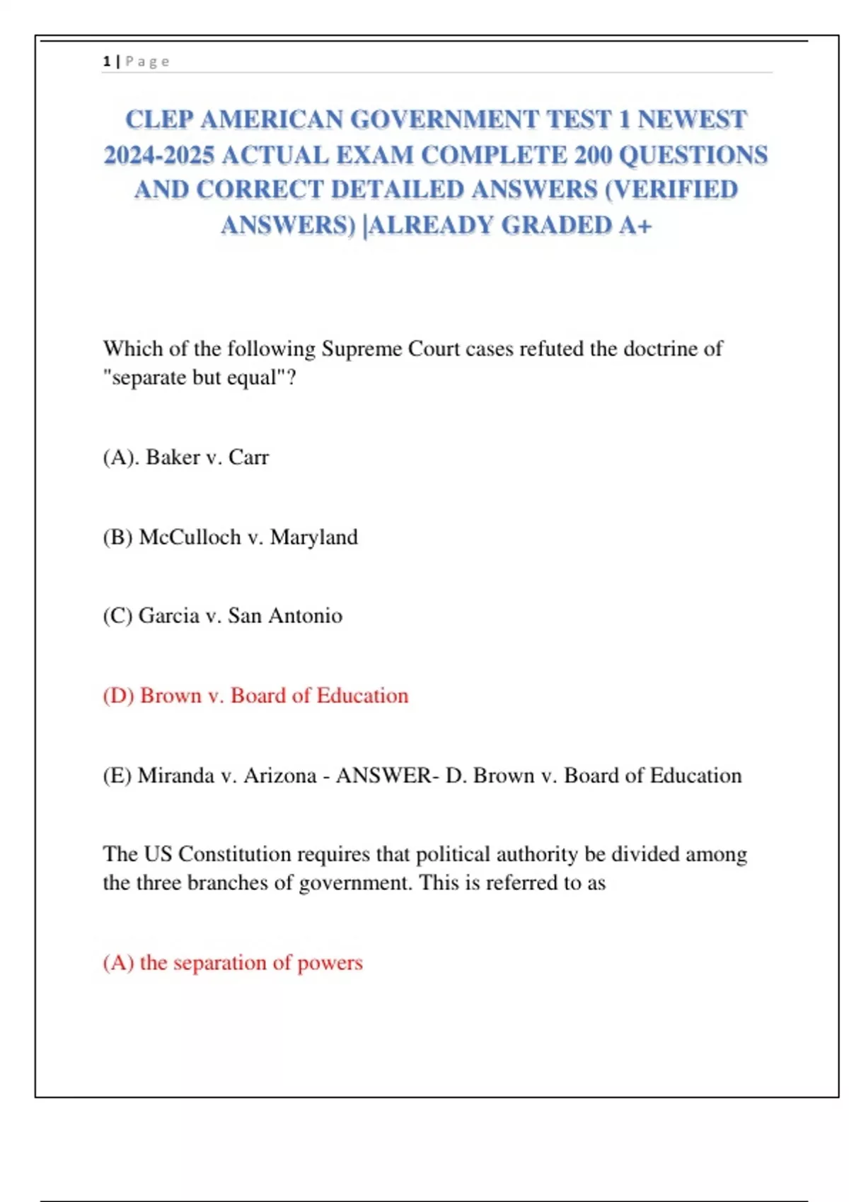 CLEP AMERICAN GOVERNMENT TEST 1 NEWEST ACTUAL EXAM COMPLETE 200 ...