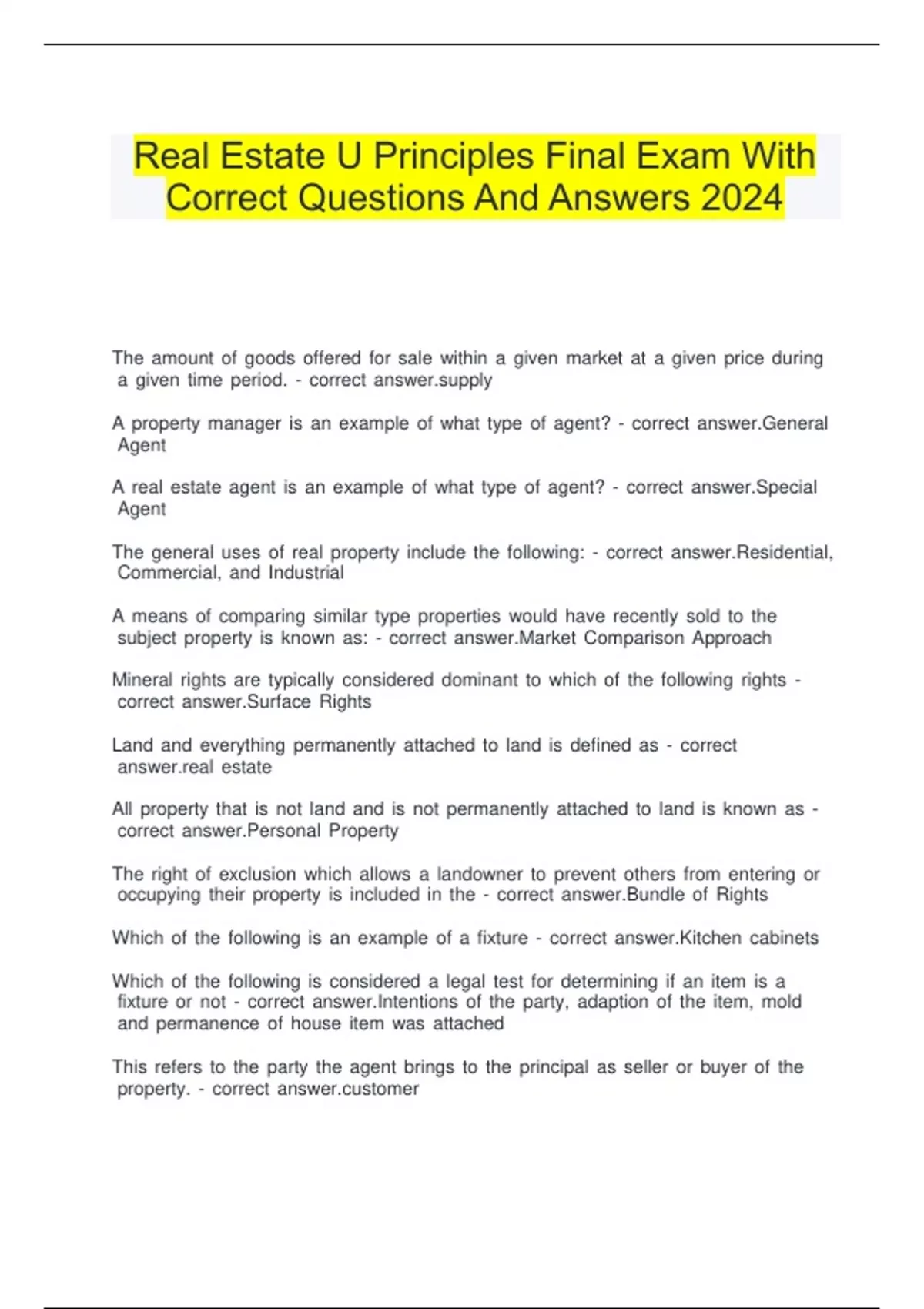 Real Estate U Principles Final Exam With Correct Questions And Answers ...