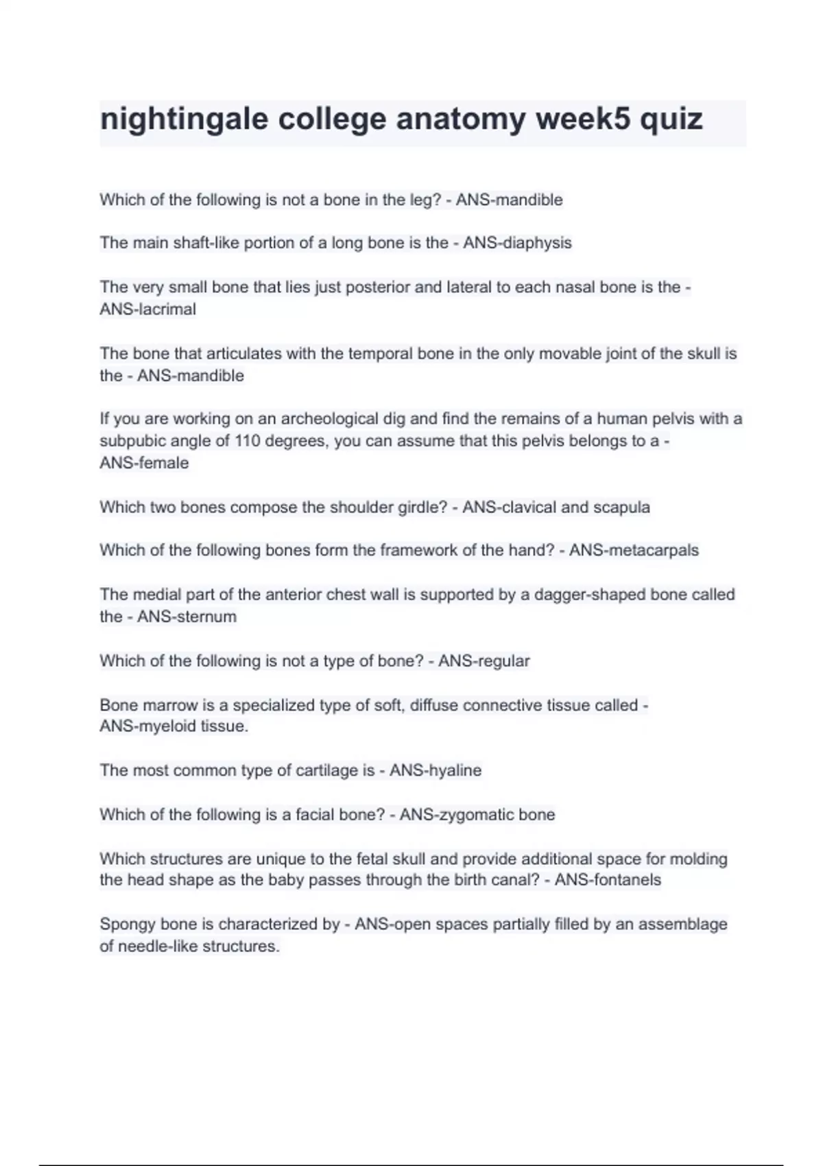 nightingale college anatomy week5 quiz Questions & answers - Tests - Stuvia