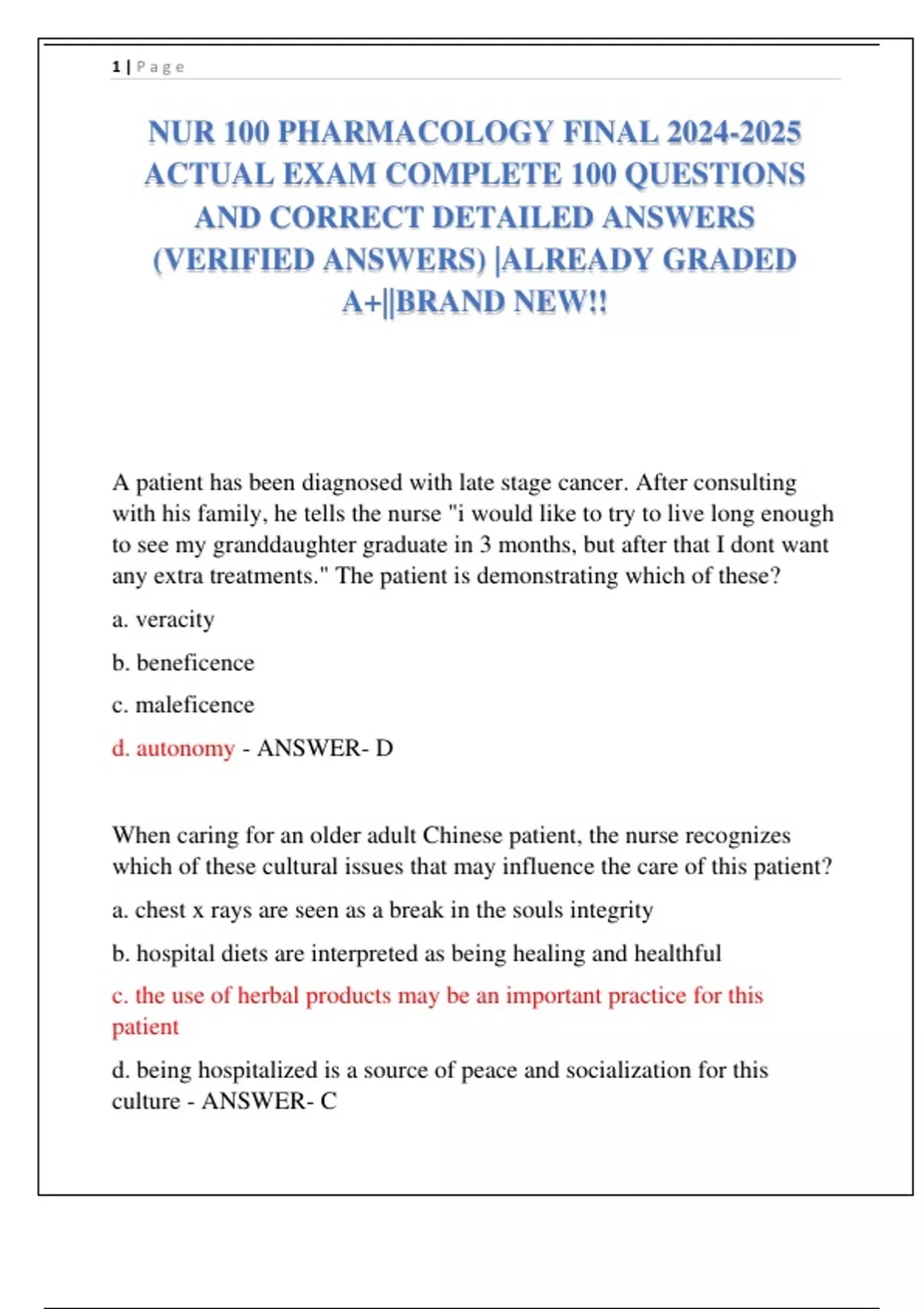 NUR 100 PHARMACOLOGY FINAL ACTUAL EXAM COMPLETE 100 QUESTIONS AND ...