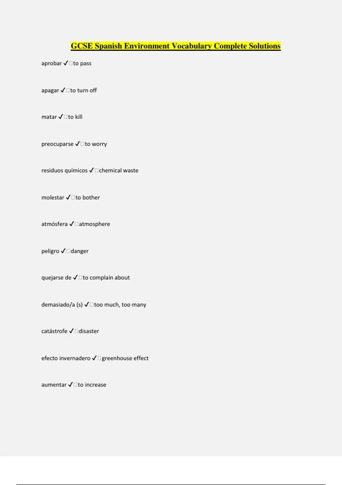 GCSE Spanish Environment Vocabulary Complete Solution - GCSE Spanish ...