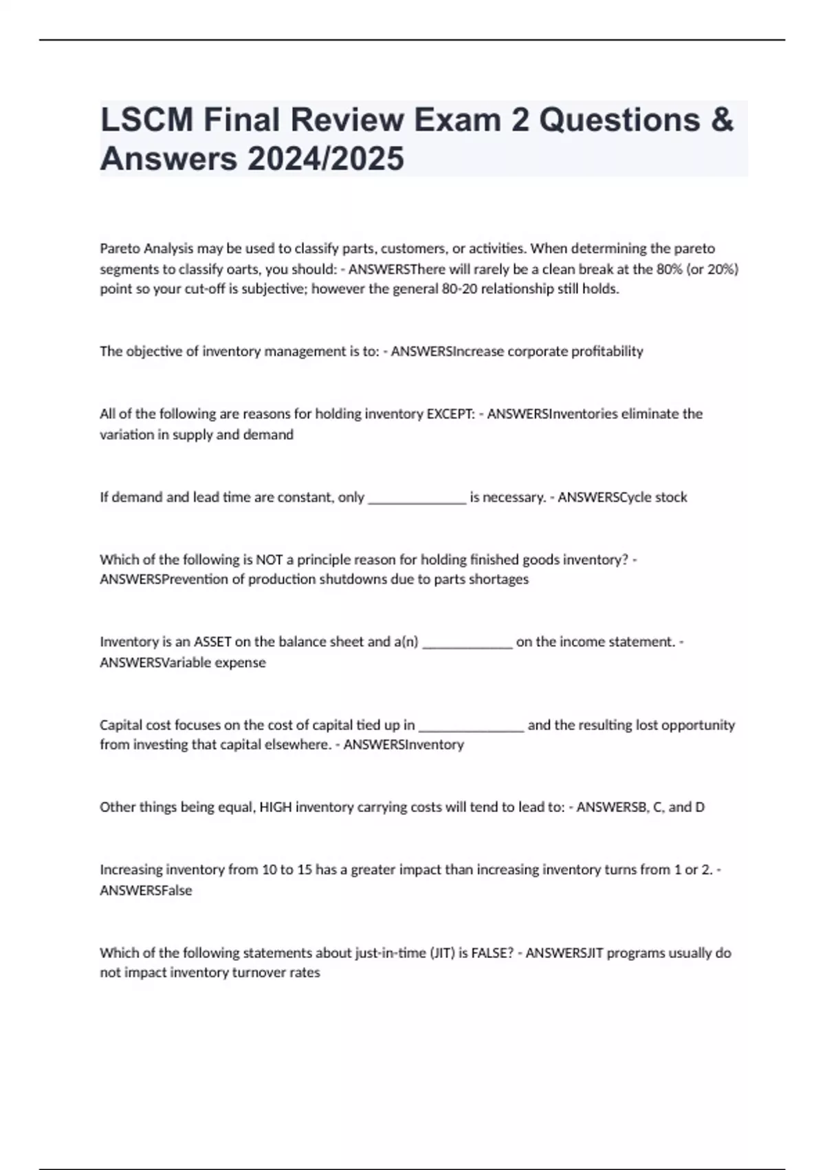 LSCM Final Review Exam 2 Questions & Answers 2024/2025 - LSCM - Stuvia US