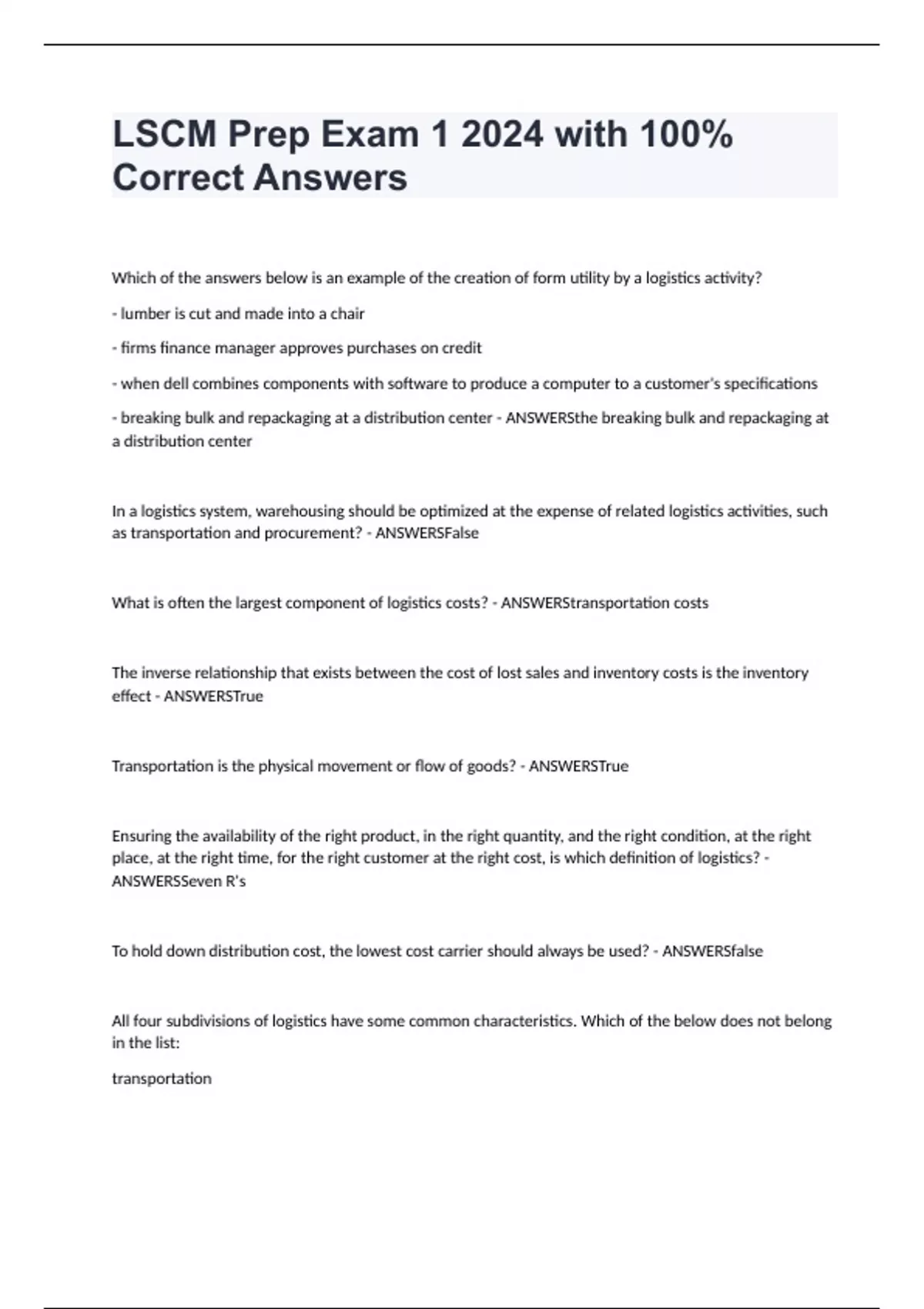 LSCM Prep Exam 1 2024 with 100% Correct Answers - LSCM Prep - Stuvia US