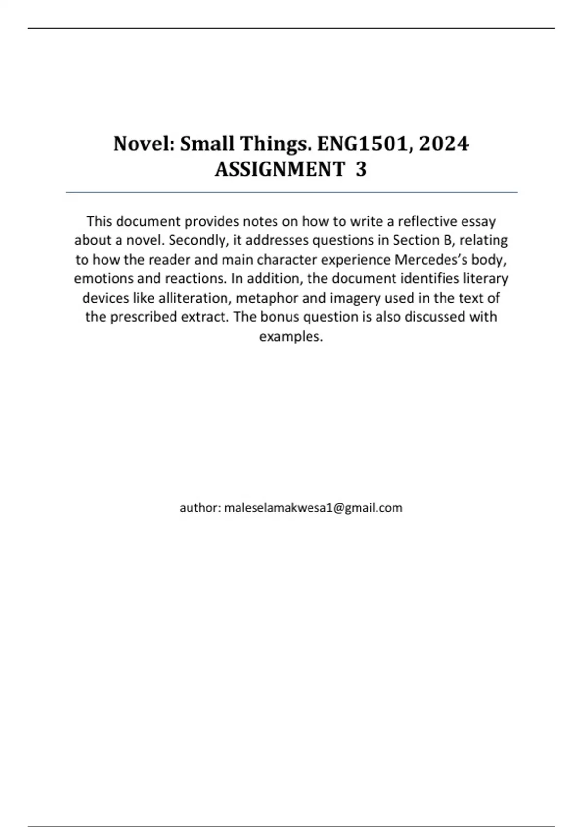 ENG1501. Small Things (novel). 2024 Assignment 3 suggested answers ...