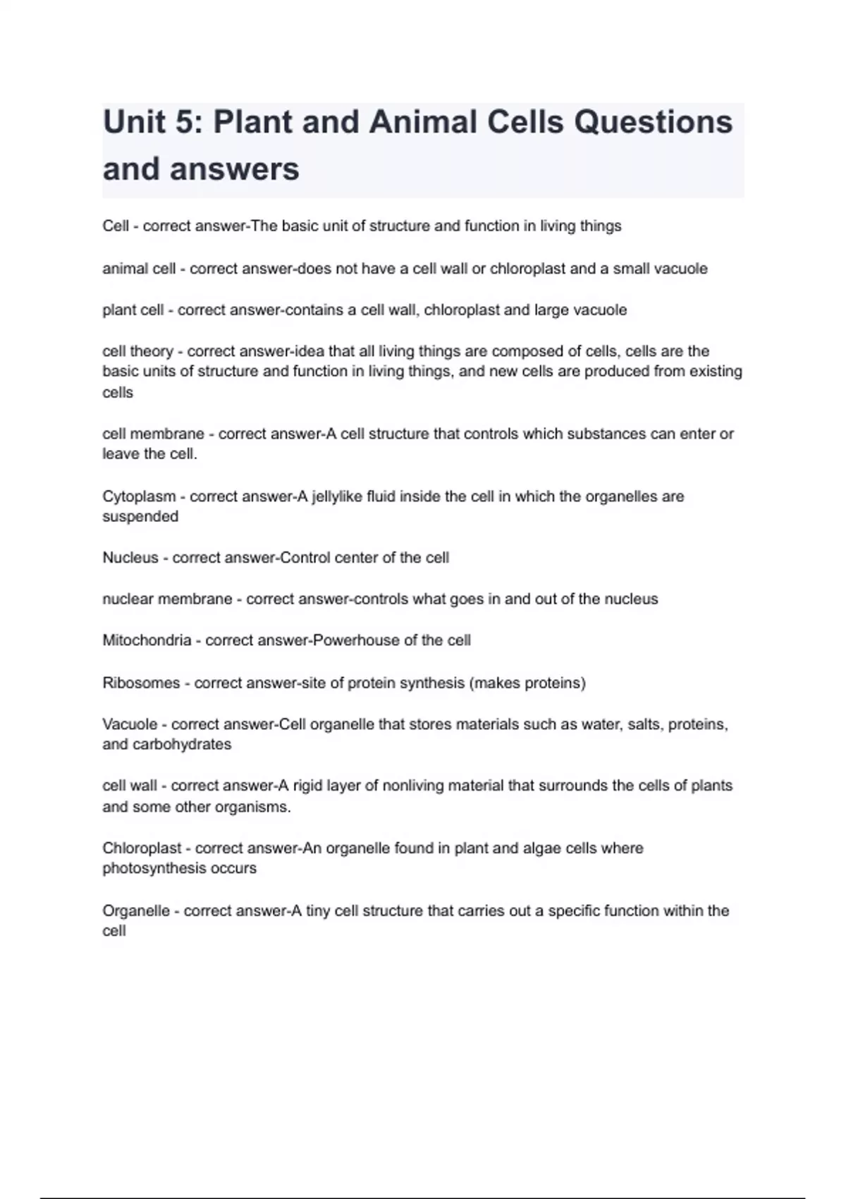 Unit 5_ Plant and Animal Cells Questions and answers - Perfusion Basic ...