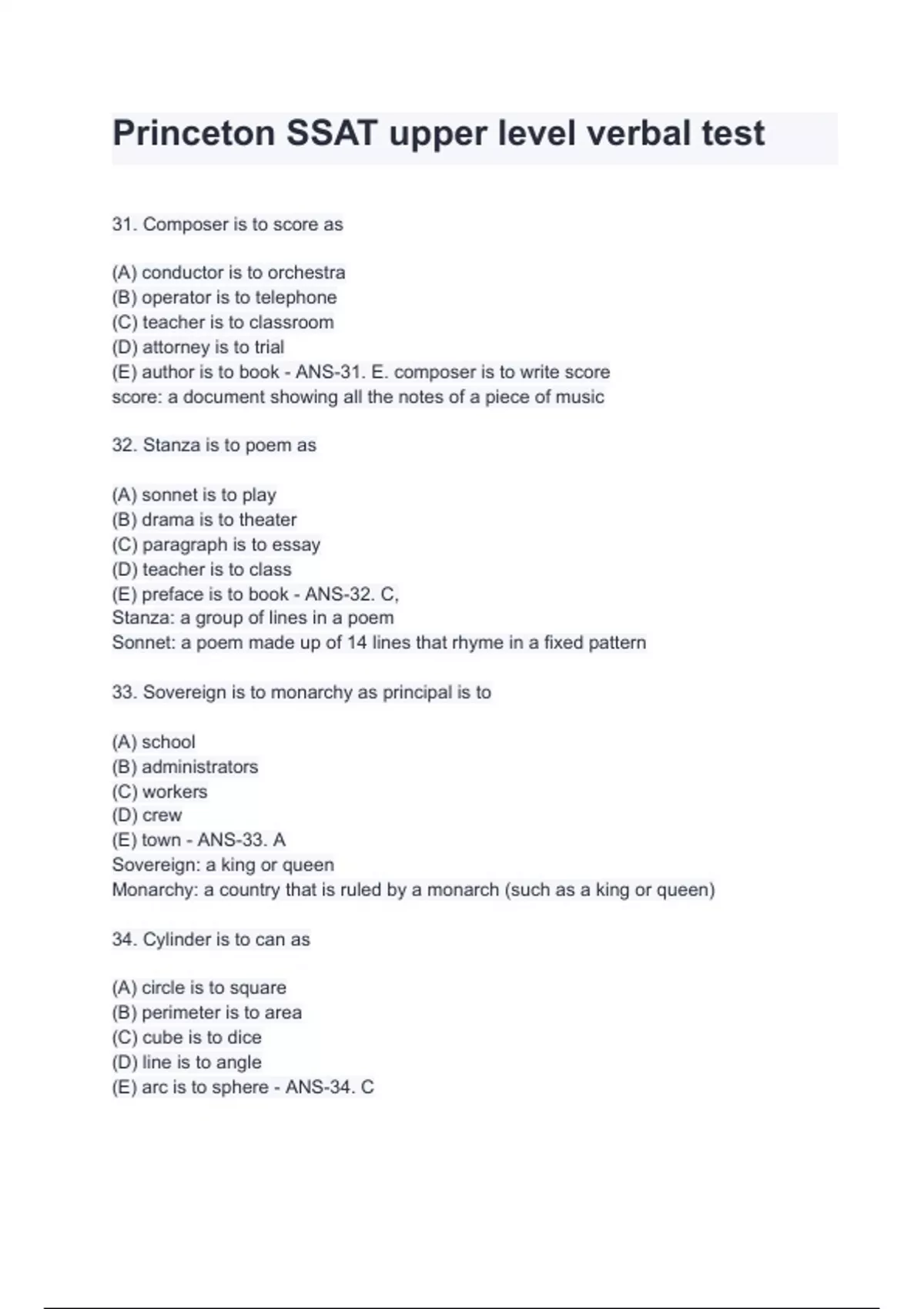 Princeton SSAT upper level verbal test Questions & answers - Princeton ...