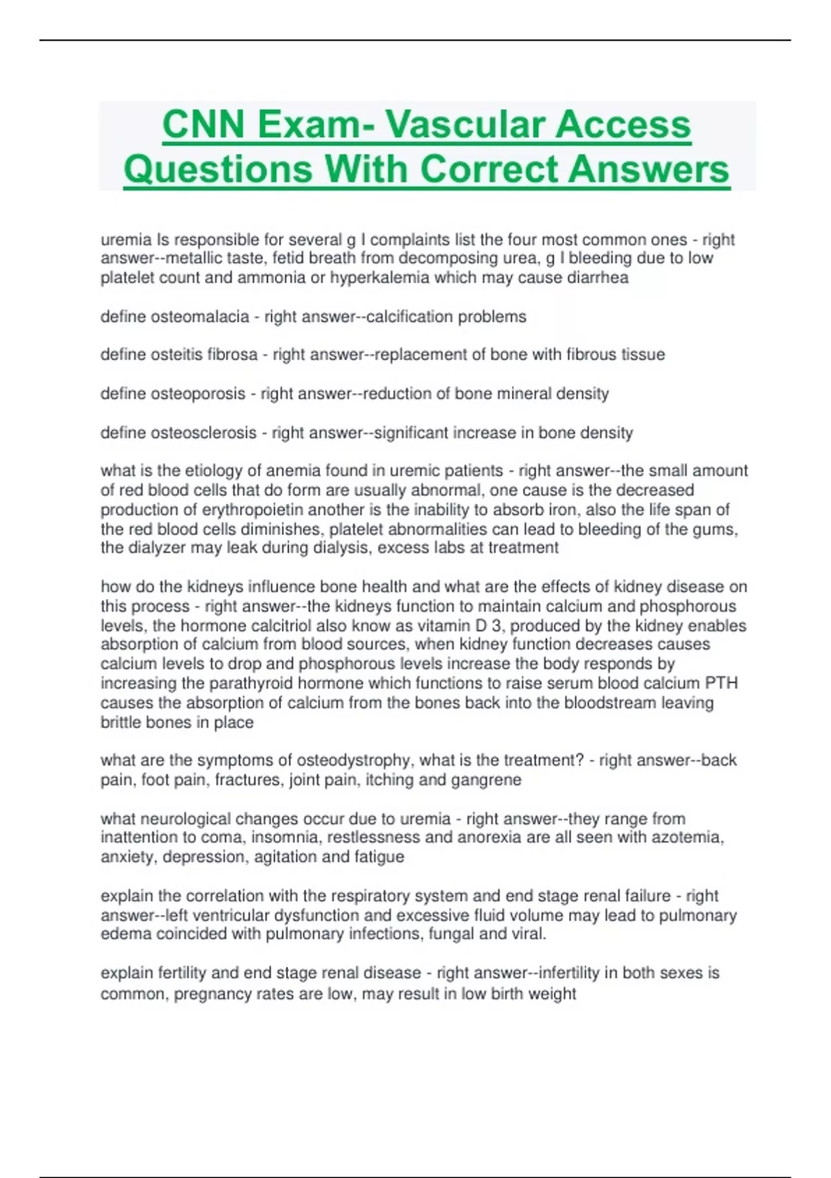 CNN Exam- Vascular Access Questions With Correct Answers - CNN - Stuvia US