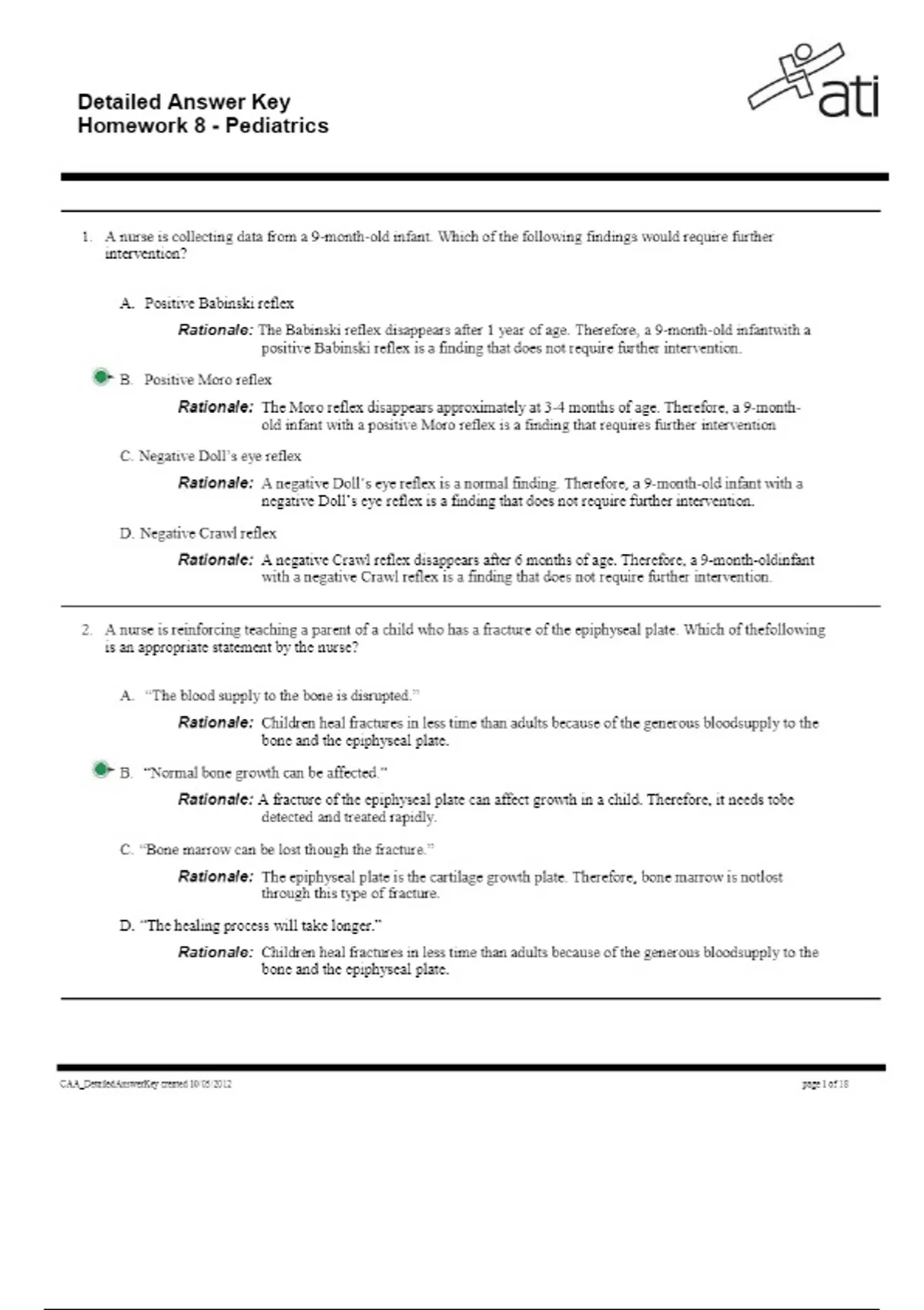 ATI Detailed Answer Key Homework 8 - Pediatrics 2025/2026 - ATI ...