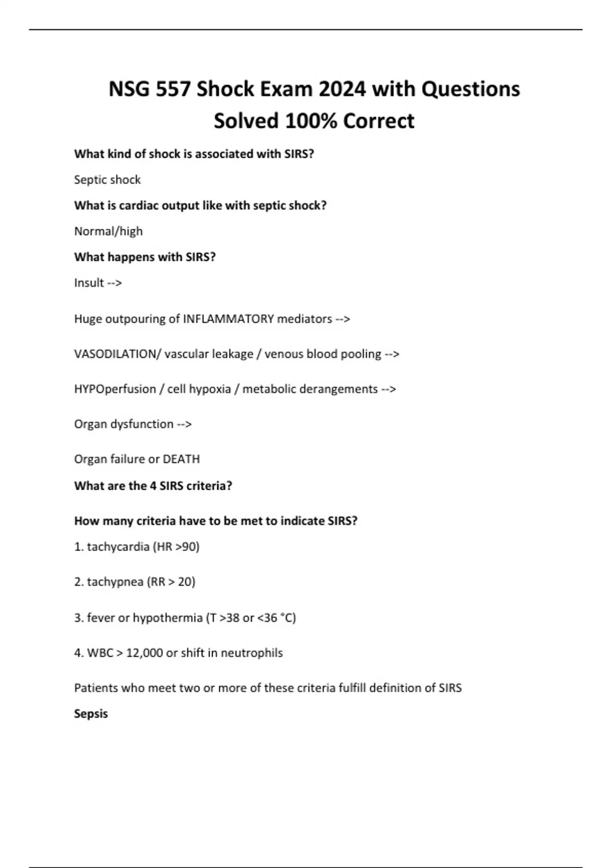 NSG 557 Shock Exam 2024 with Questions Solved 100% Correct - NSG 557 ...
