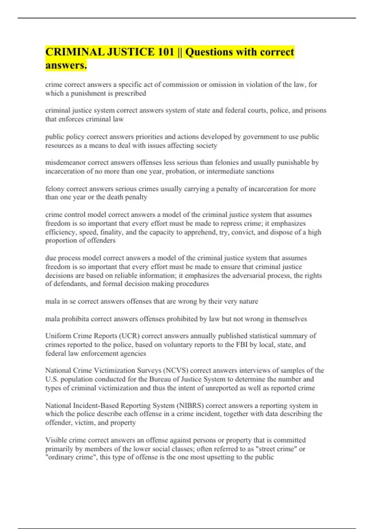 CRIMINAL JUSTICE 101 || Questions with correct answers. - Criminal ...