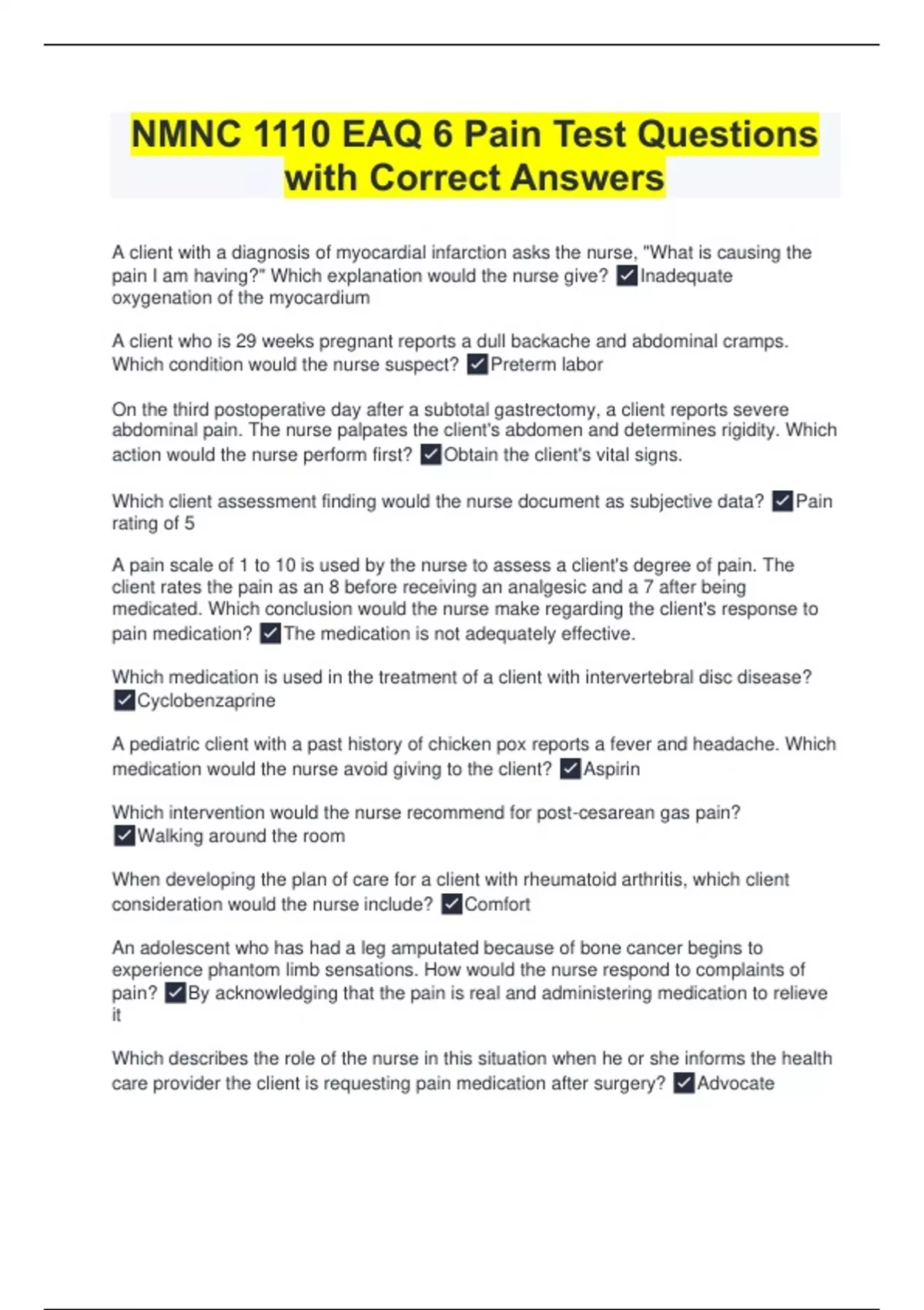 NMNC 1110 EAQ 6 Pain Test Questions with Correct Answers - NMNC 1110 ...