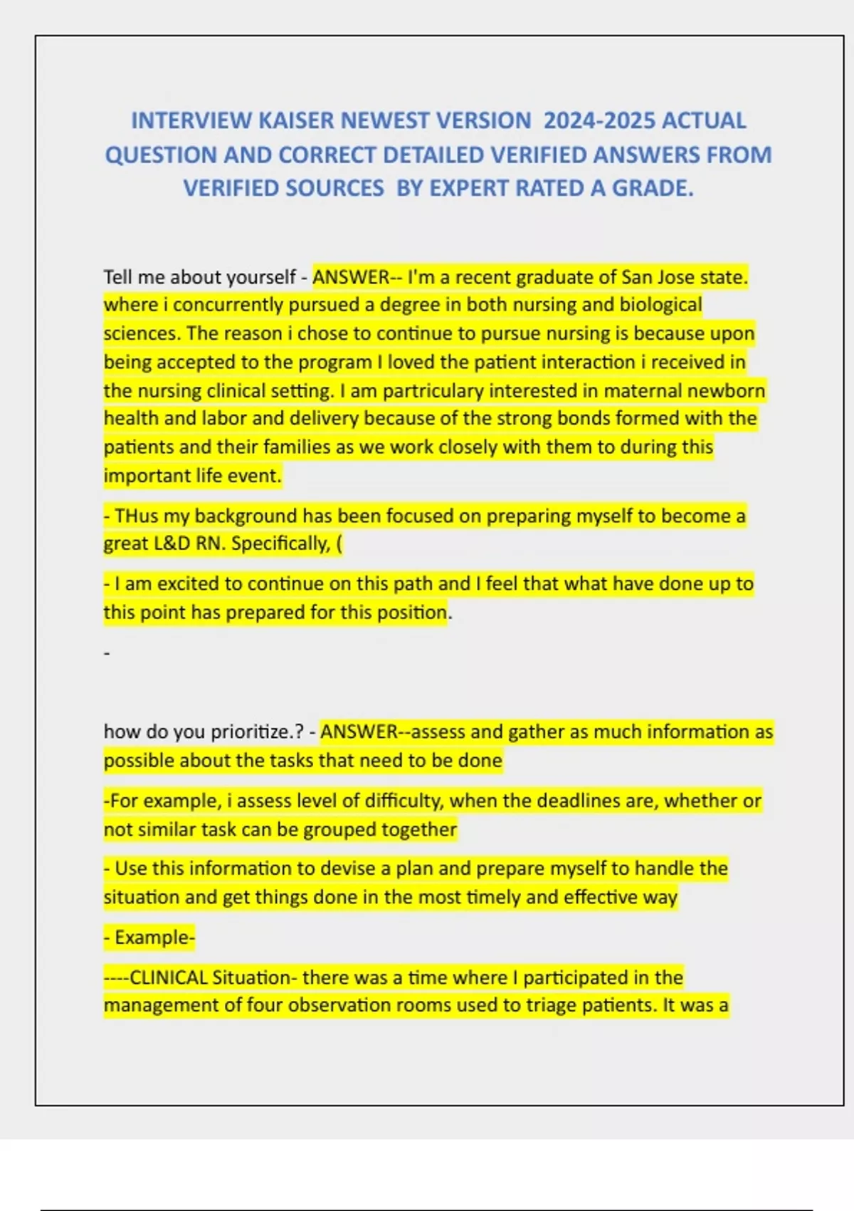 INTERVIEW KAISER NEWEST VERSION ACTUAL QUESTION AND CORRECT DETAILED VERIFIED ANSWERS FROM ...