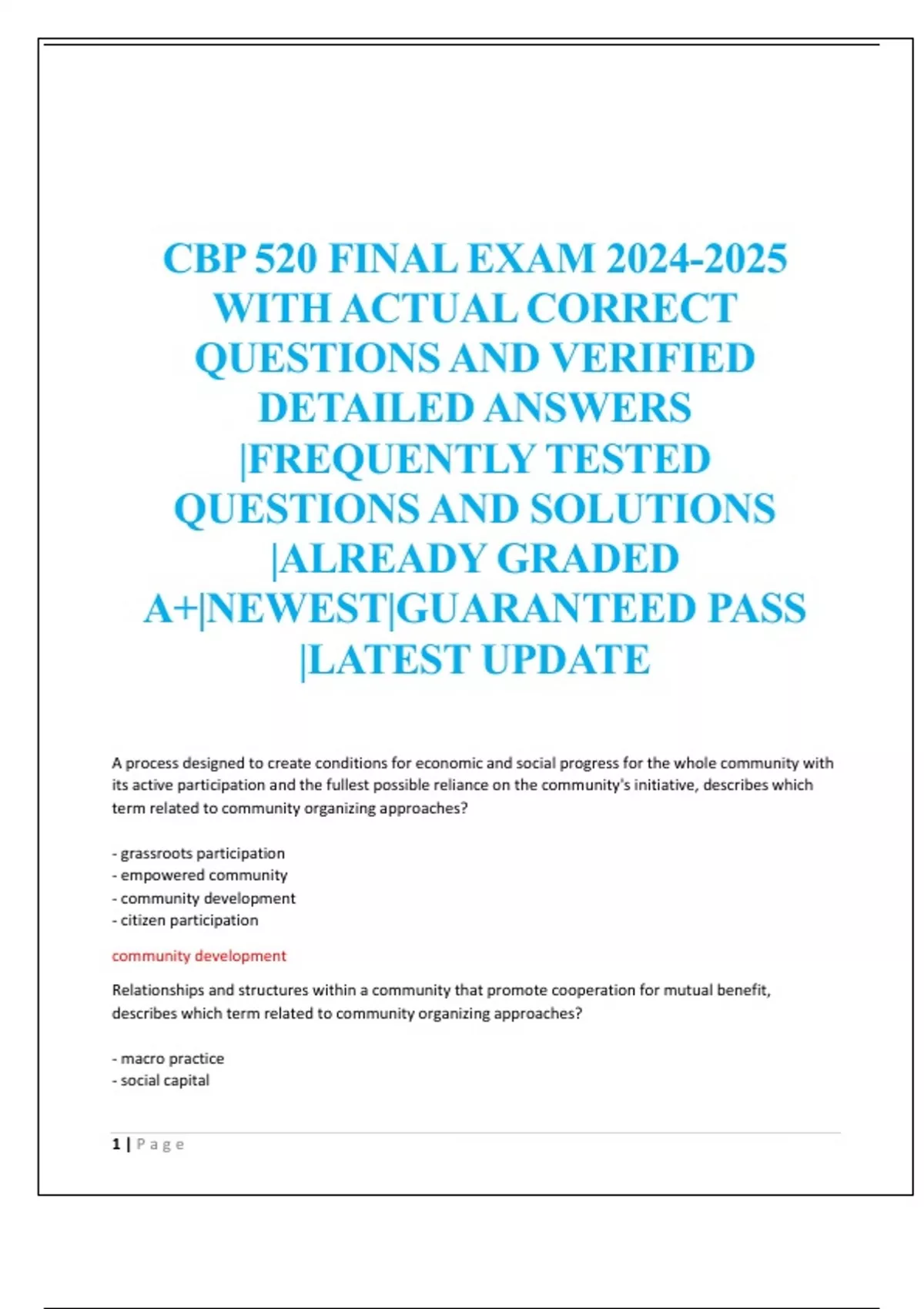 CBP 520 FINAL EXAM WITH ACTUAL CORRECT QUESTIONS AND VERIFIED DETAILED ...