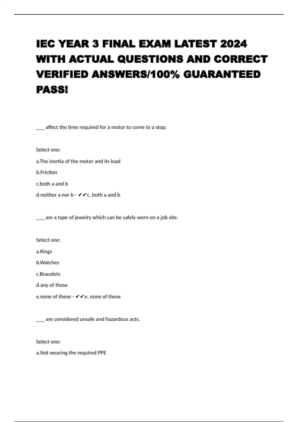 IEC YEAR 3 FINAL EXAM LATEST 2024 WITH ACTUAL QUESTIONS AND CORRECT ...