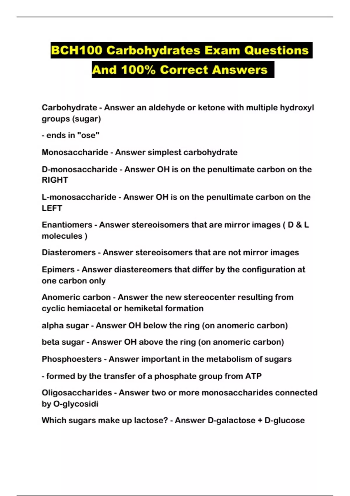 BCH100 Carbohydrates Exam Questions And 100% Correct Answers - BCH100 ...