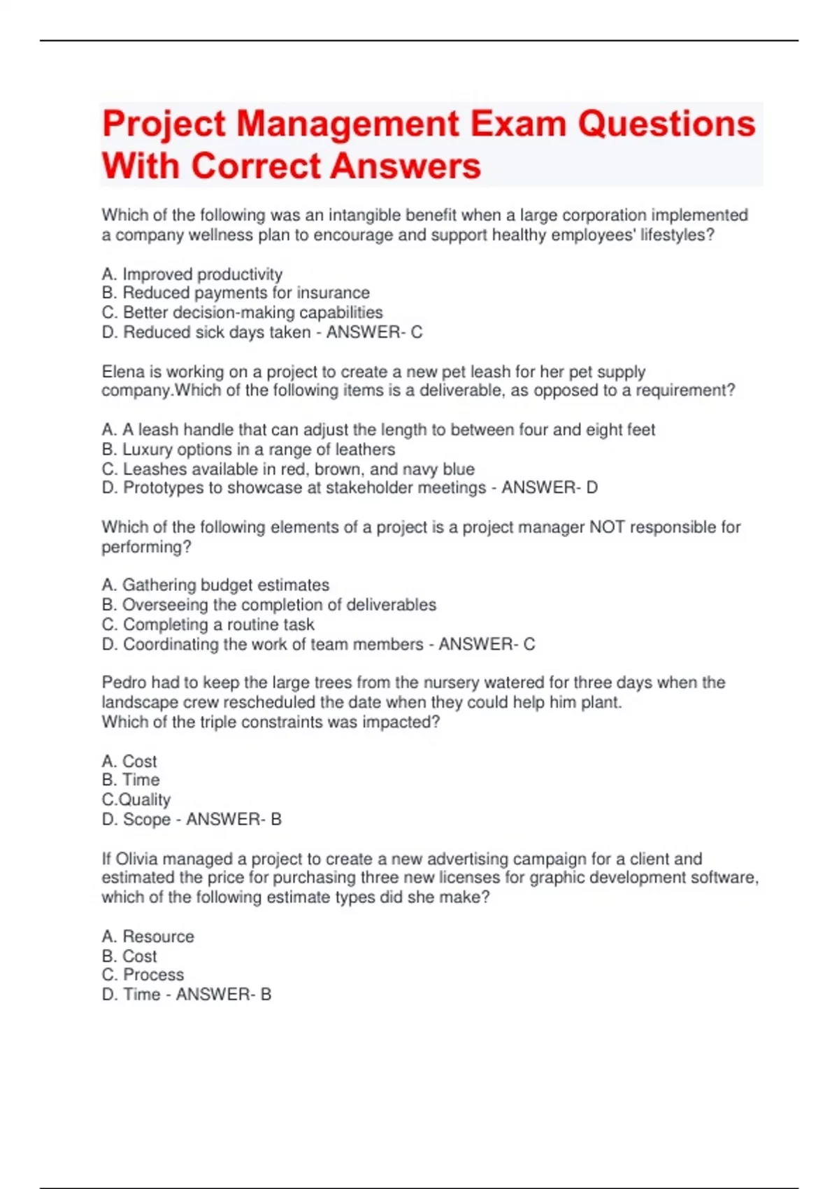 Project Management Exam Questions With Correct Answers - Project Management - Stuvia US