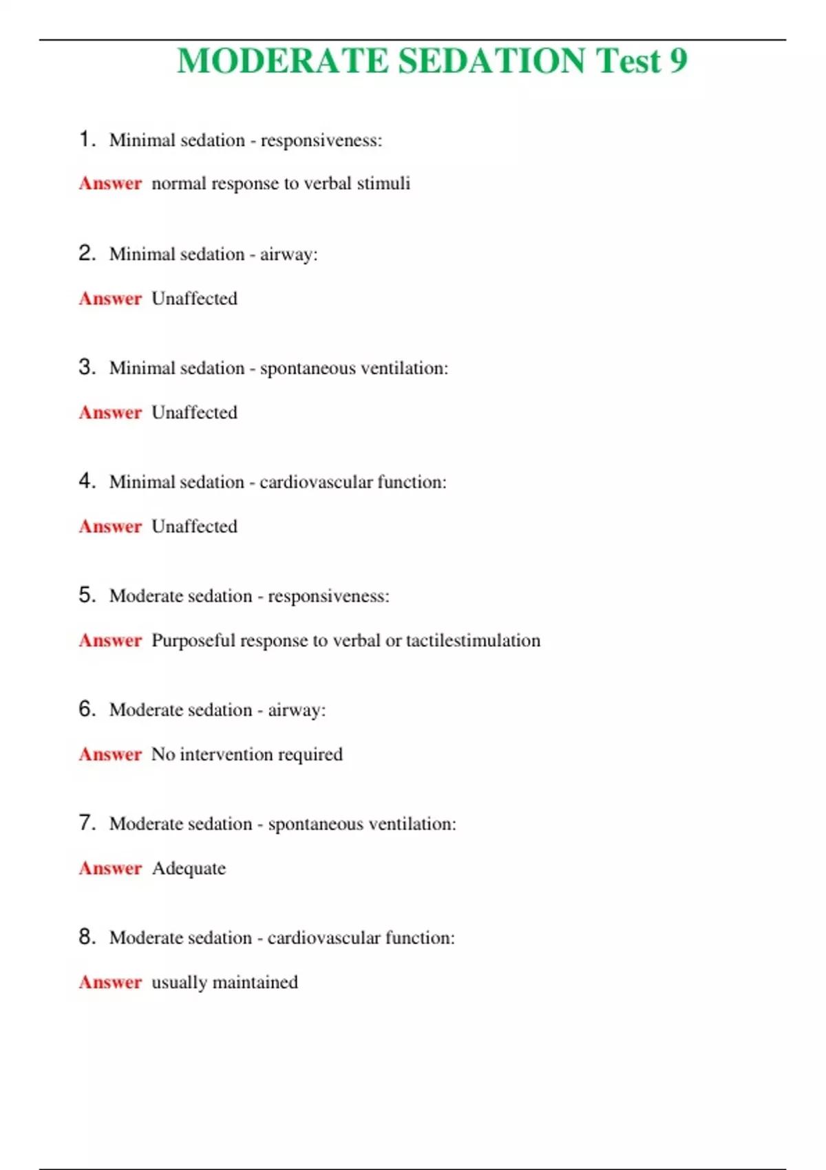 MODERATE SEDATION Test 9 (Latest 2024) Questions With Complete Grade A+ ...