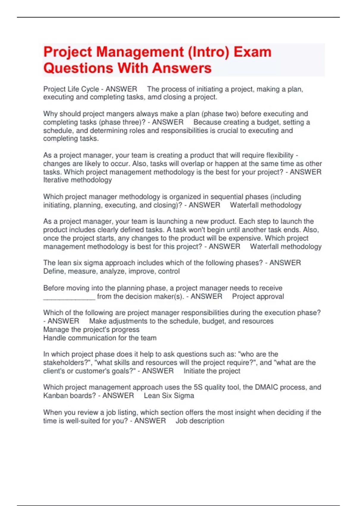 Project Management (Intro) Exam Questions With Answers - Project Management - Stuvia US