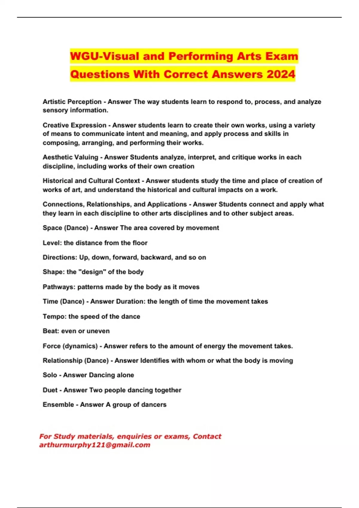 WGU-Visual and Performing Arts Exam Questions With Correct Answers 2024 ...