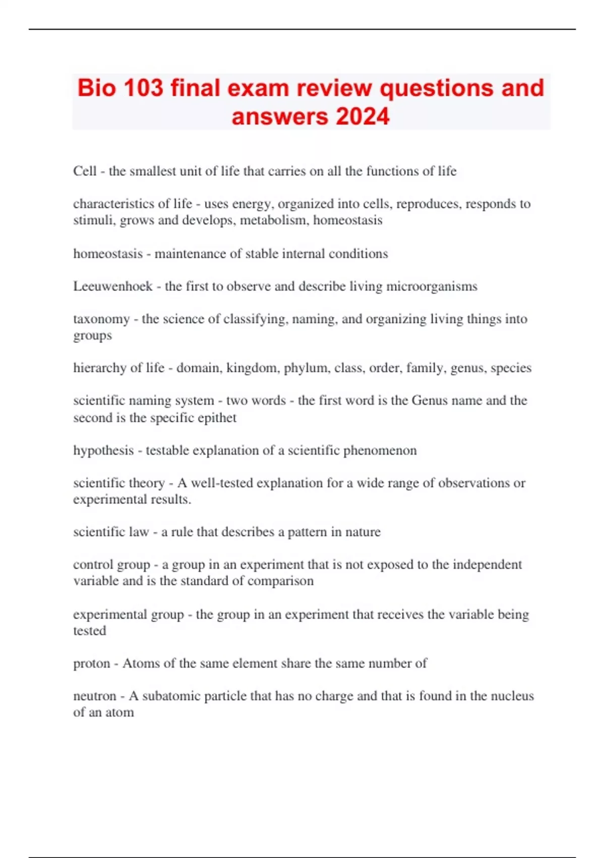 Bio 103 final exam review questions and answers 2024 - Bio, - Stuvia US