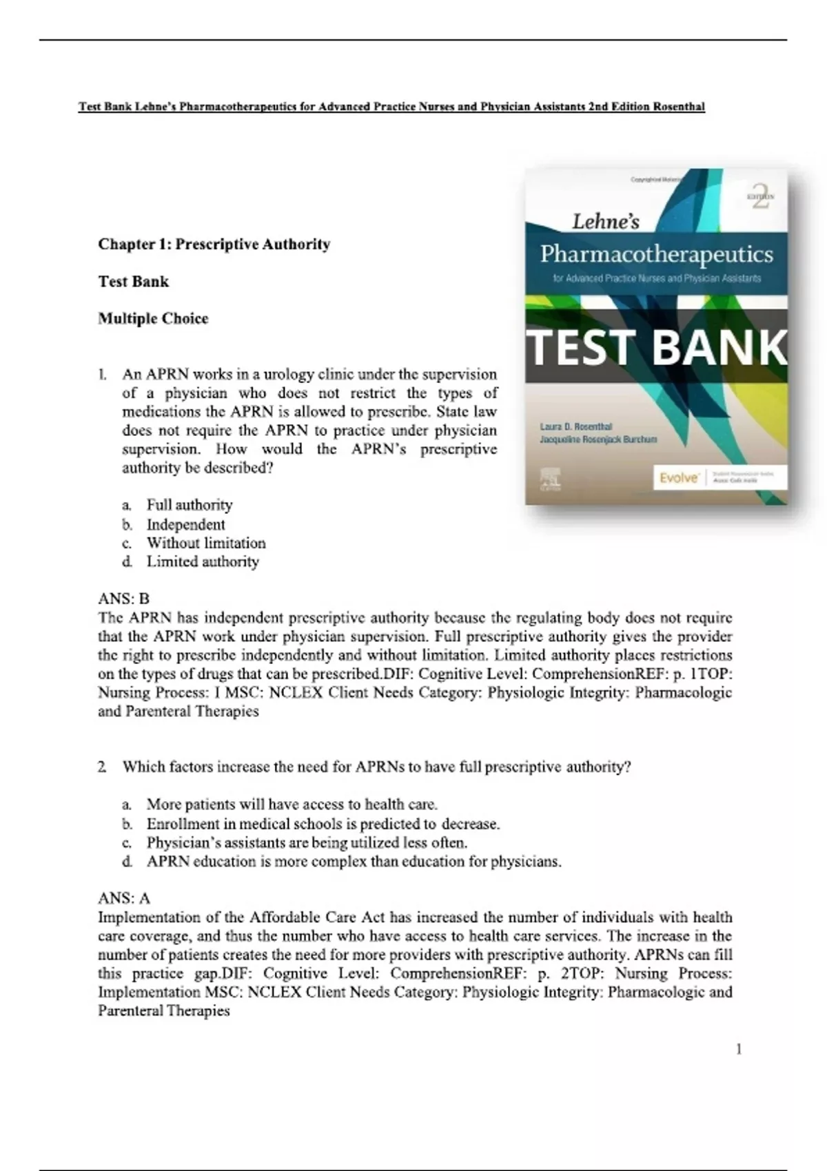 Lehne’s Pharmacotherapeutics for Advanced Practice Nurses and Physician Assistants 2nd Edition ...