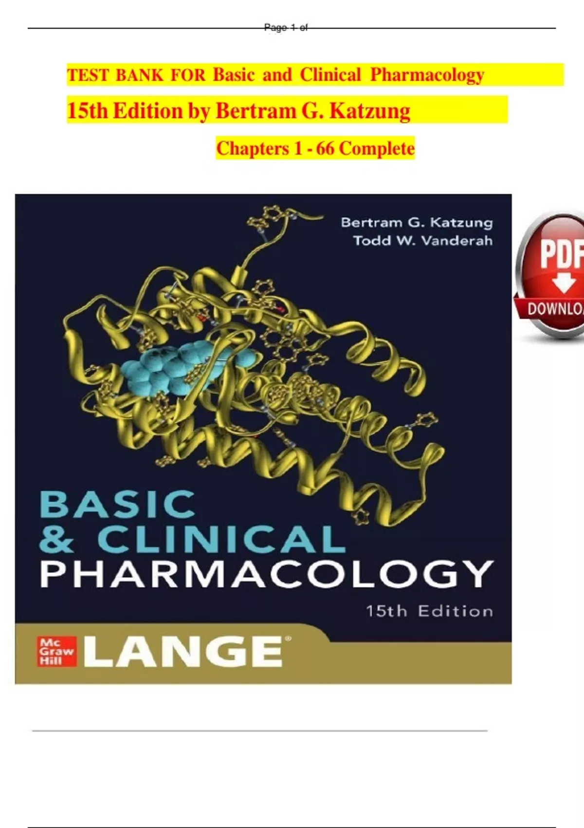 Test Bank for Basic and Clinical Pharmacology 15th Edition by Bertram G ...