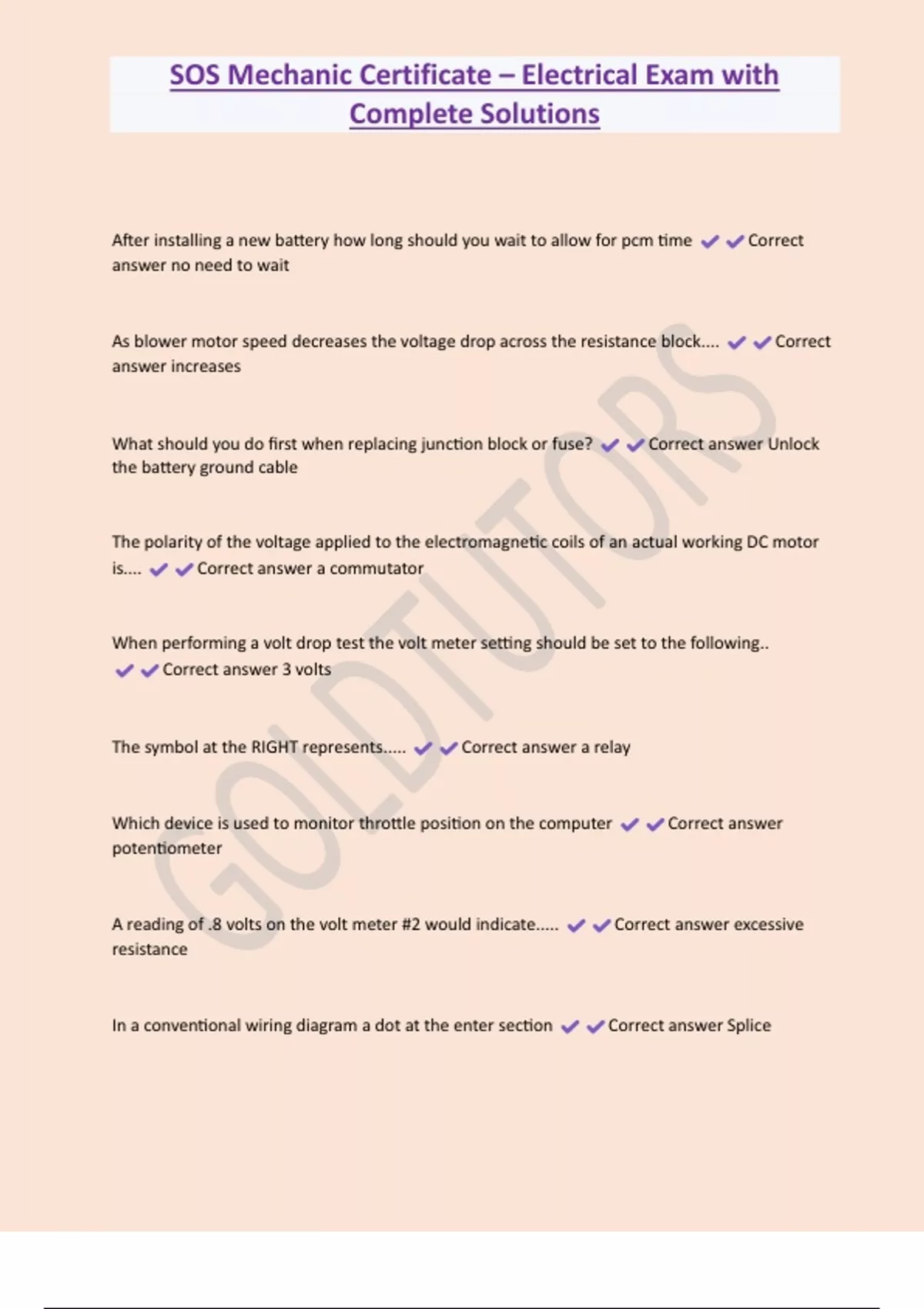 SOS Mechanic Certificate – Electrical Exam with Complete Solutions - SOS Mechanic - Stuvia US