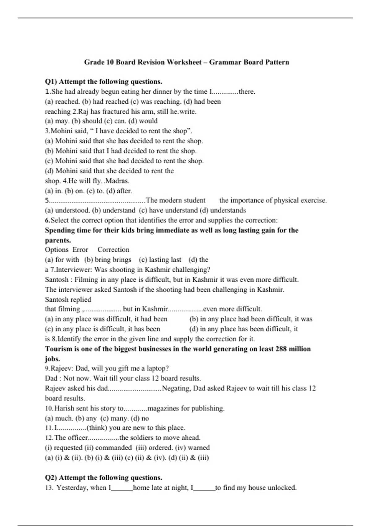 CBSE - English - Grammar - Class 10 - Worksheet - English Grammar ...