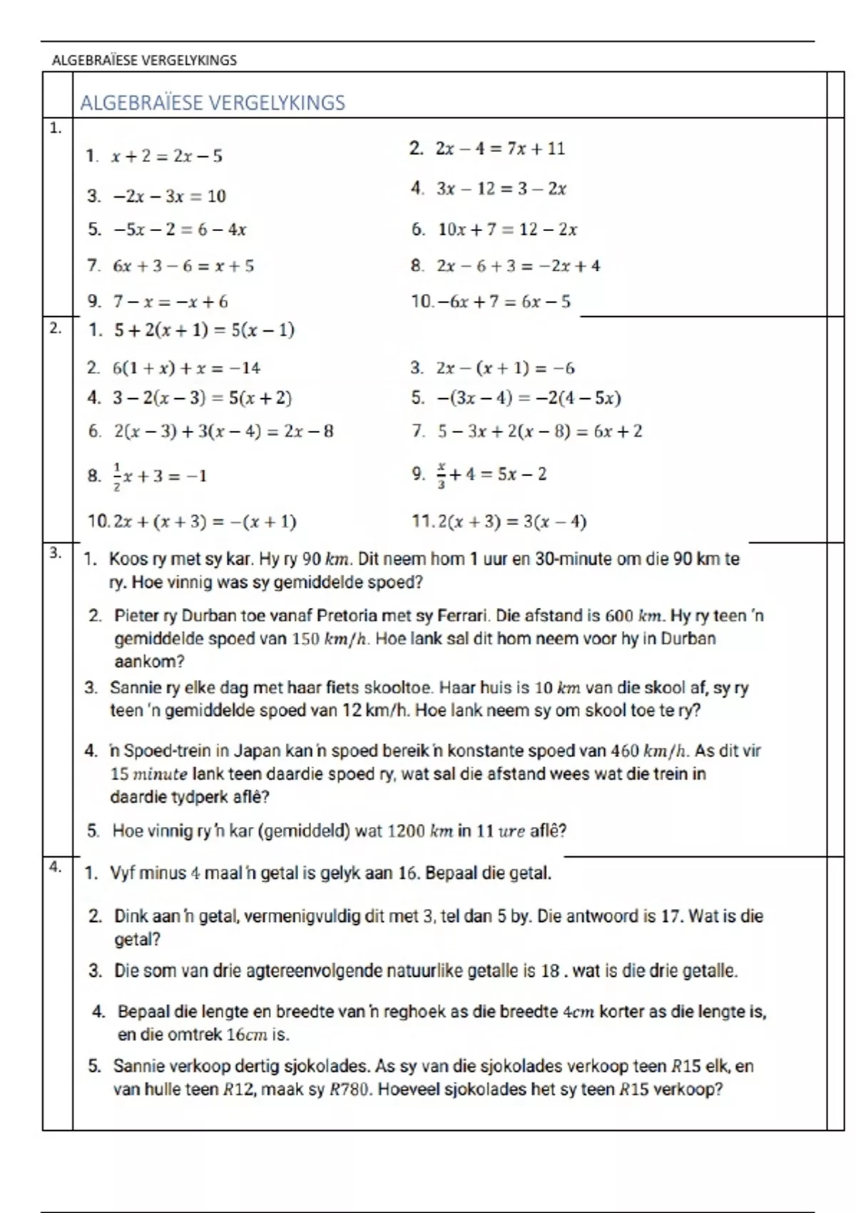 GR 8 ALGEBRAÏESE VERGELYKINGS oefening met memo - Mathematics - Stuvia SA