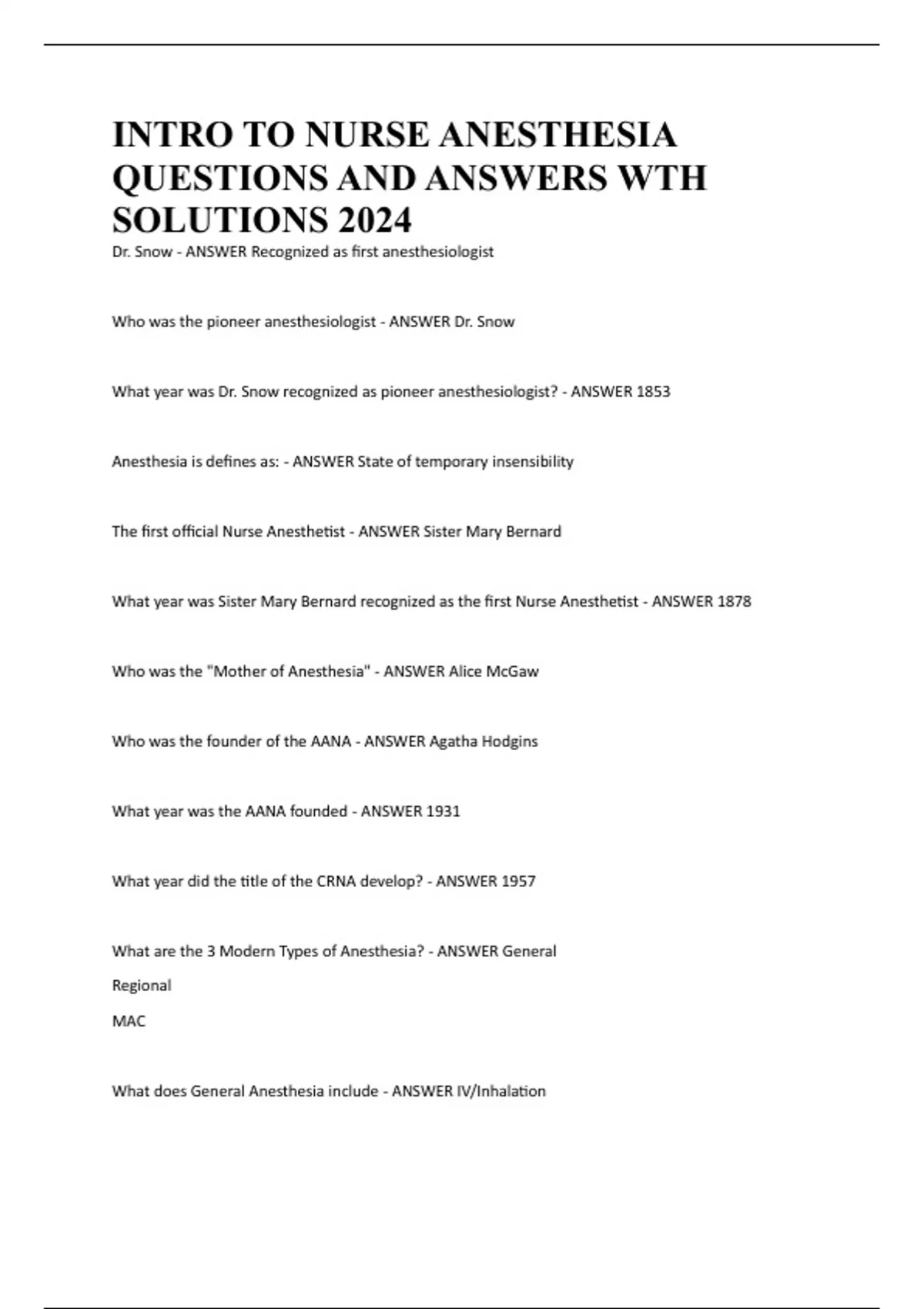 INTRO TO NURSE ANESTHESIA QUESTIONS AND ANSWERS WTH SOLUTIONS 2024 ...